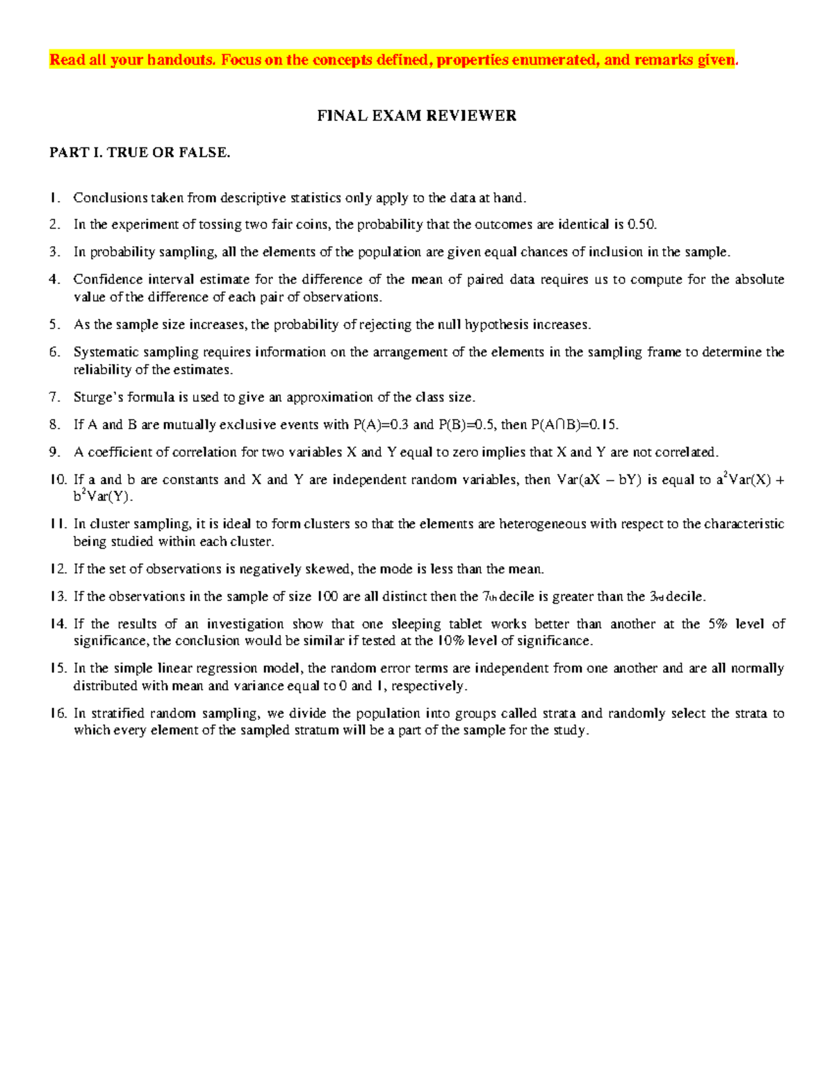 Final 2017, questions and answers - Read all your handouts. Focus on ...