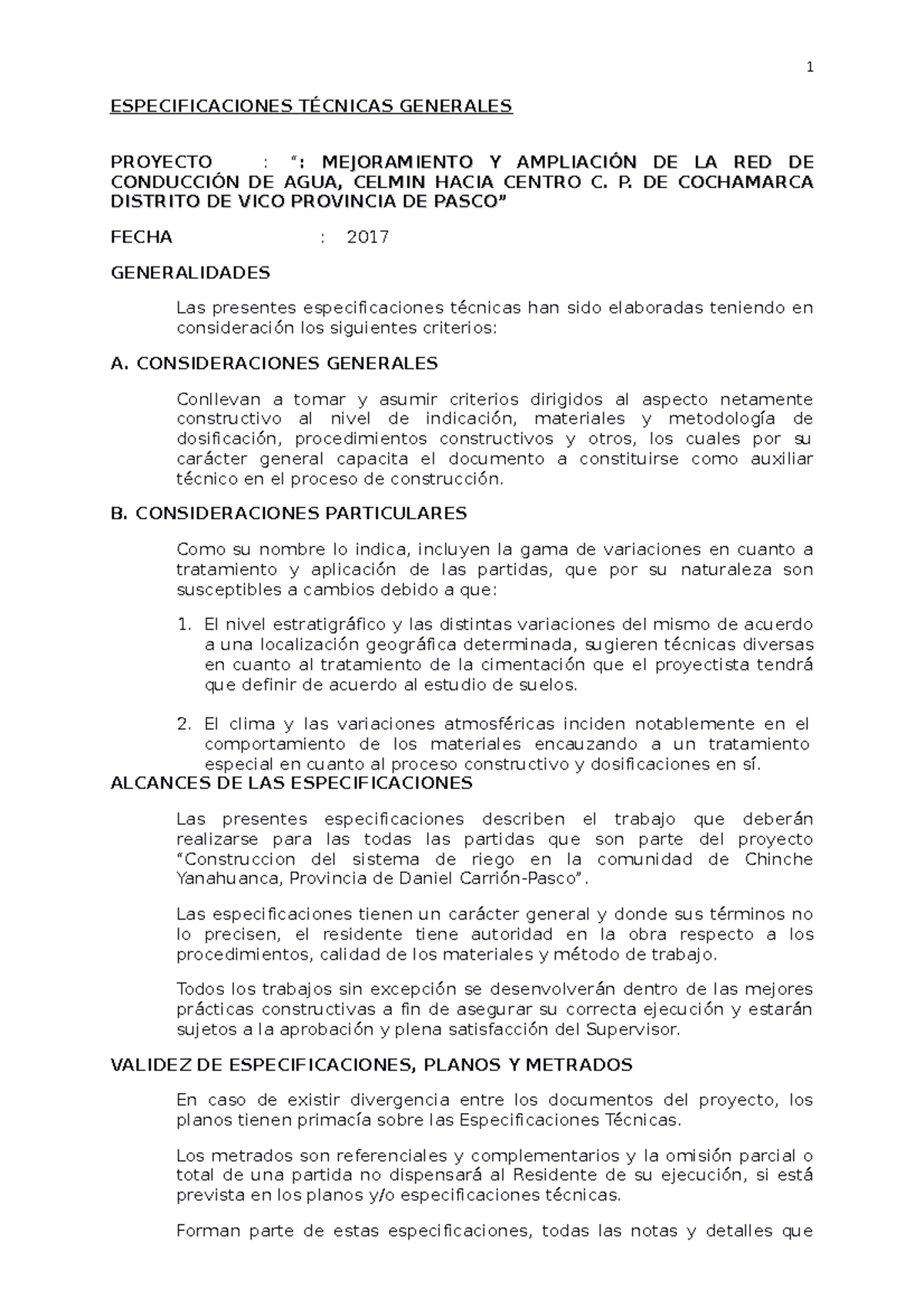 Especificaciones Tecnicas 01 - ESPECIFICACIONES TÉCNICAS GENERALES PROYECTO : “ : MEJORAMIENTO Y ...