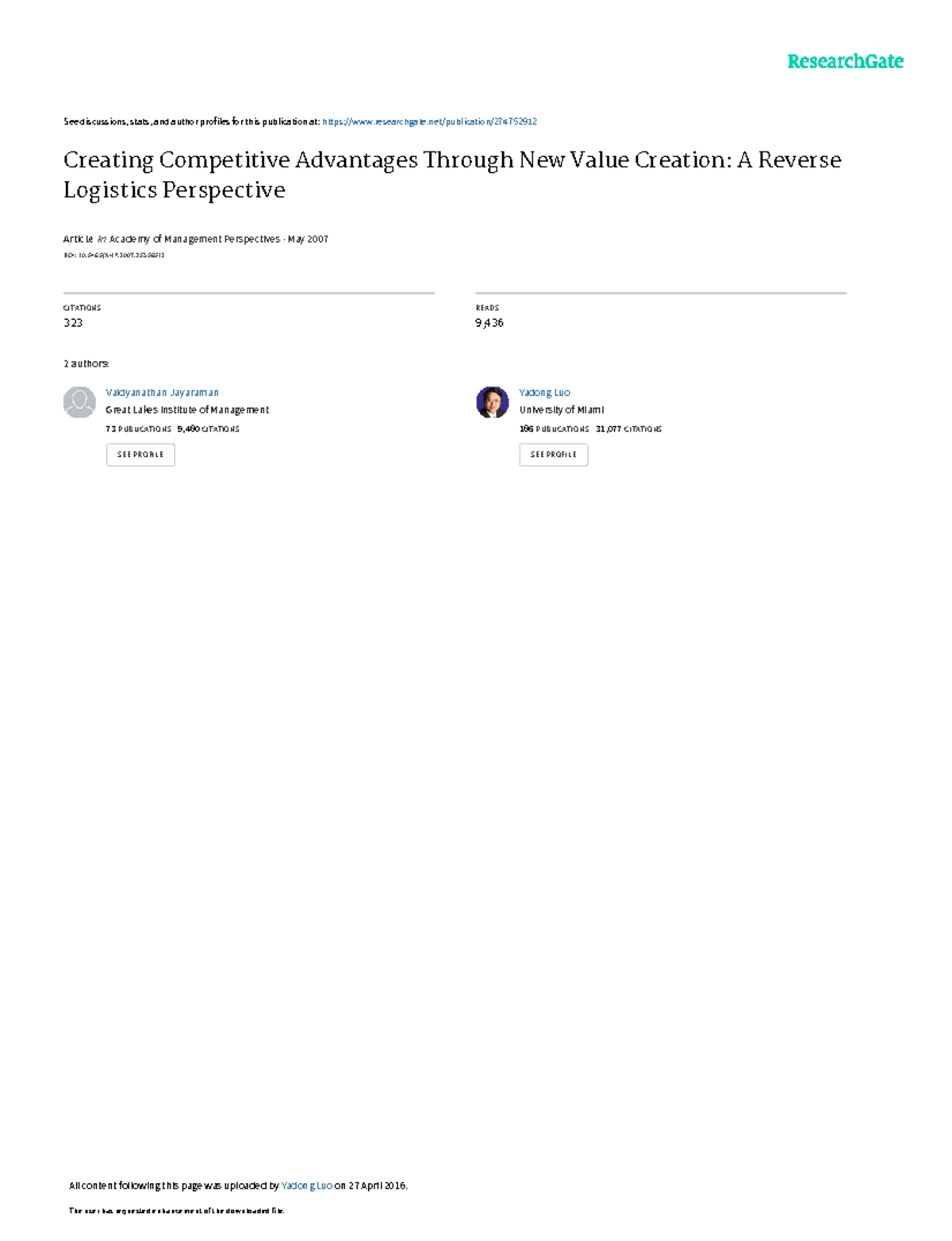 Creating Competitive Advantages Through New Value Creation AReverse ...