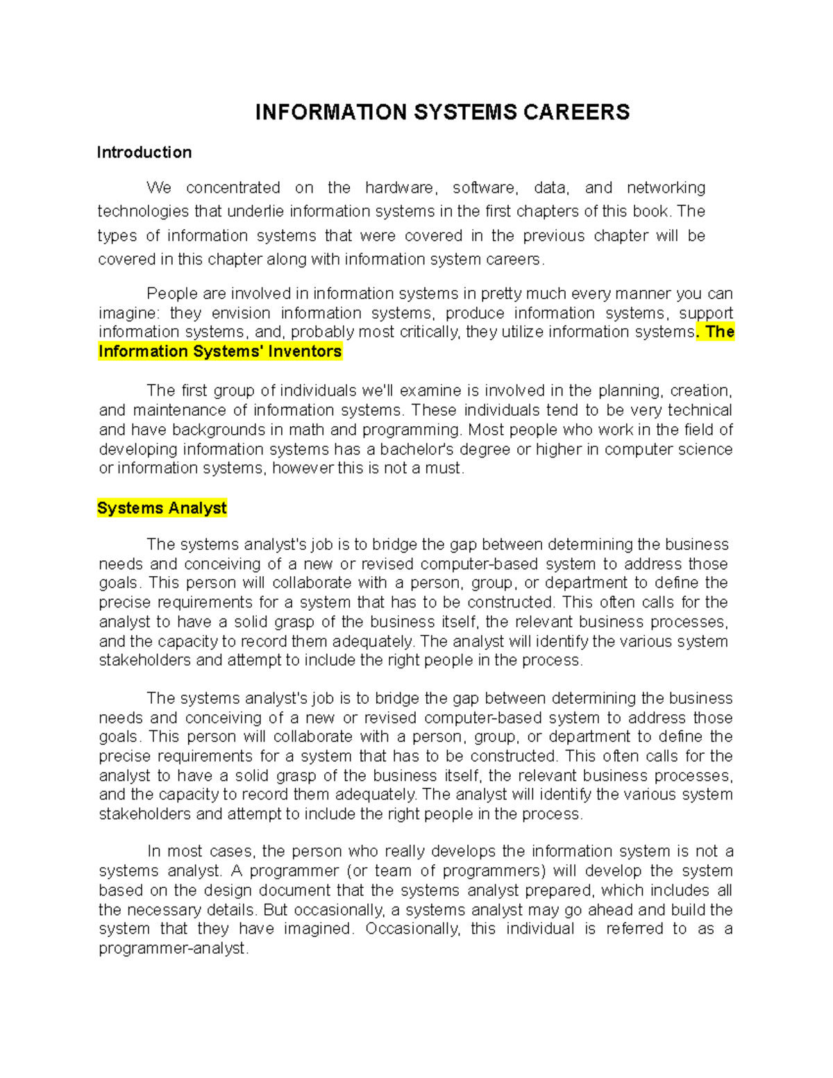 Information Systems Careers - INFORMATION SYSTEMS CAREERS Introduction ...