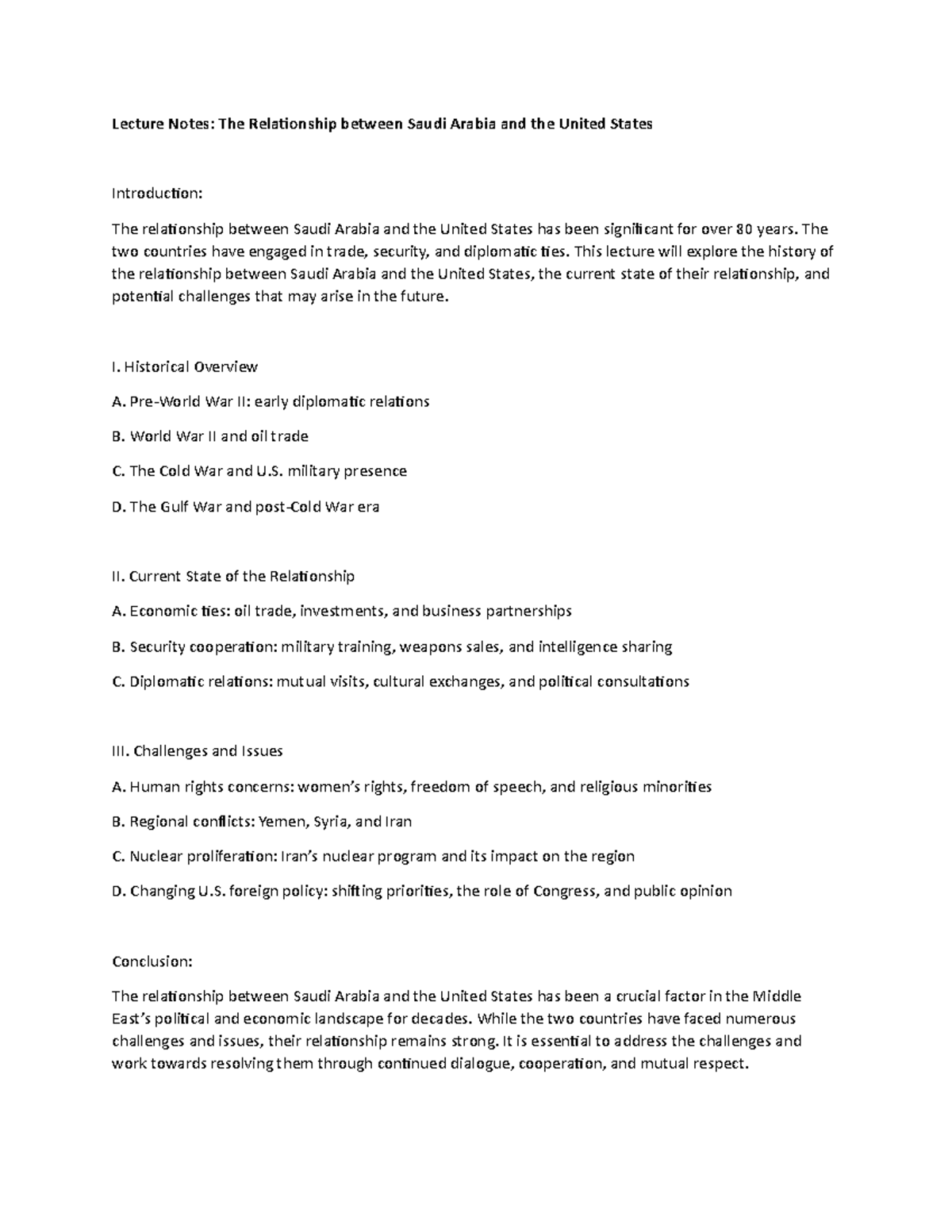 Lecture Notes: The Relationship between Saudi Arabia and the United ...