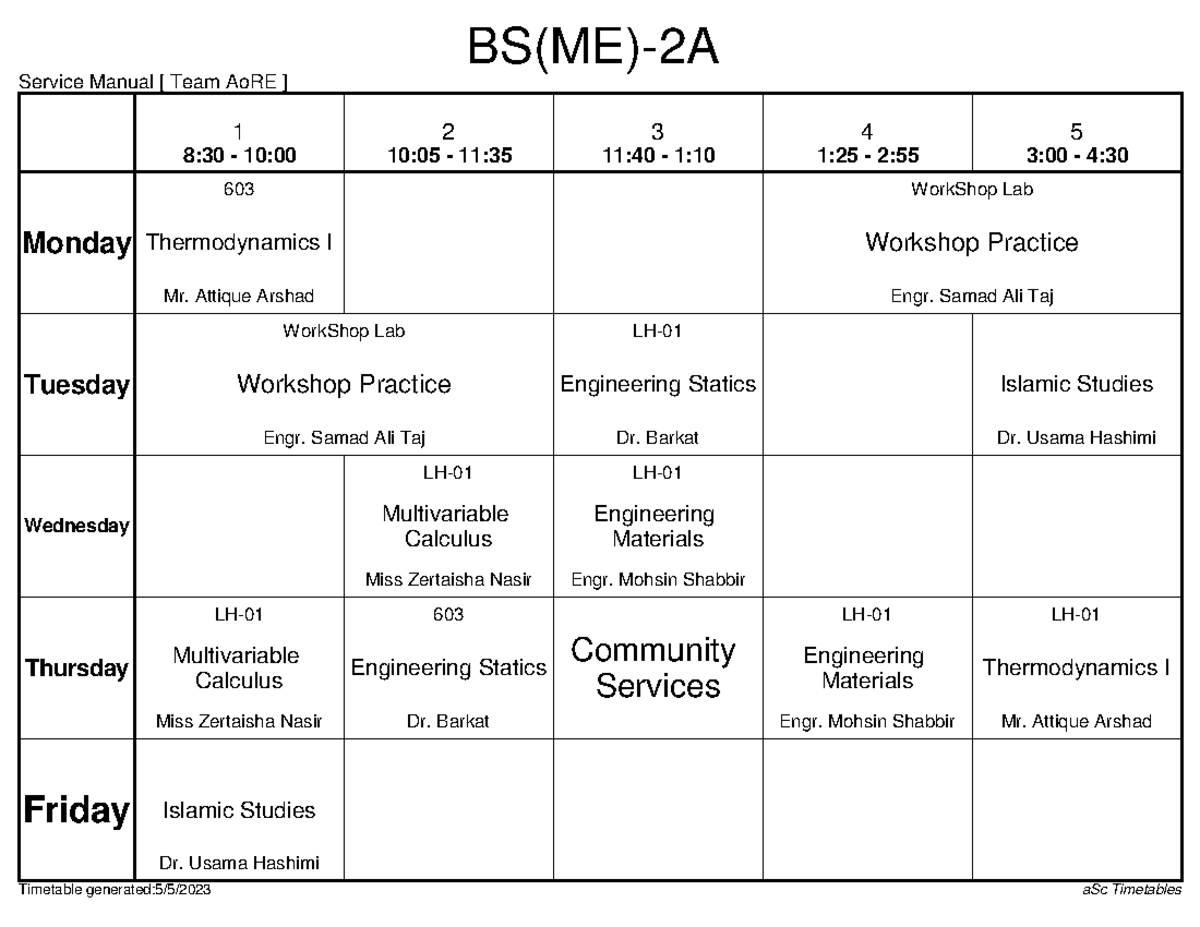Time Table SP23 Class Wise after midterm - Service Manual [ Team AoRE ...