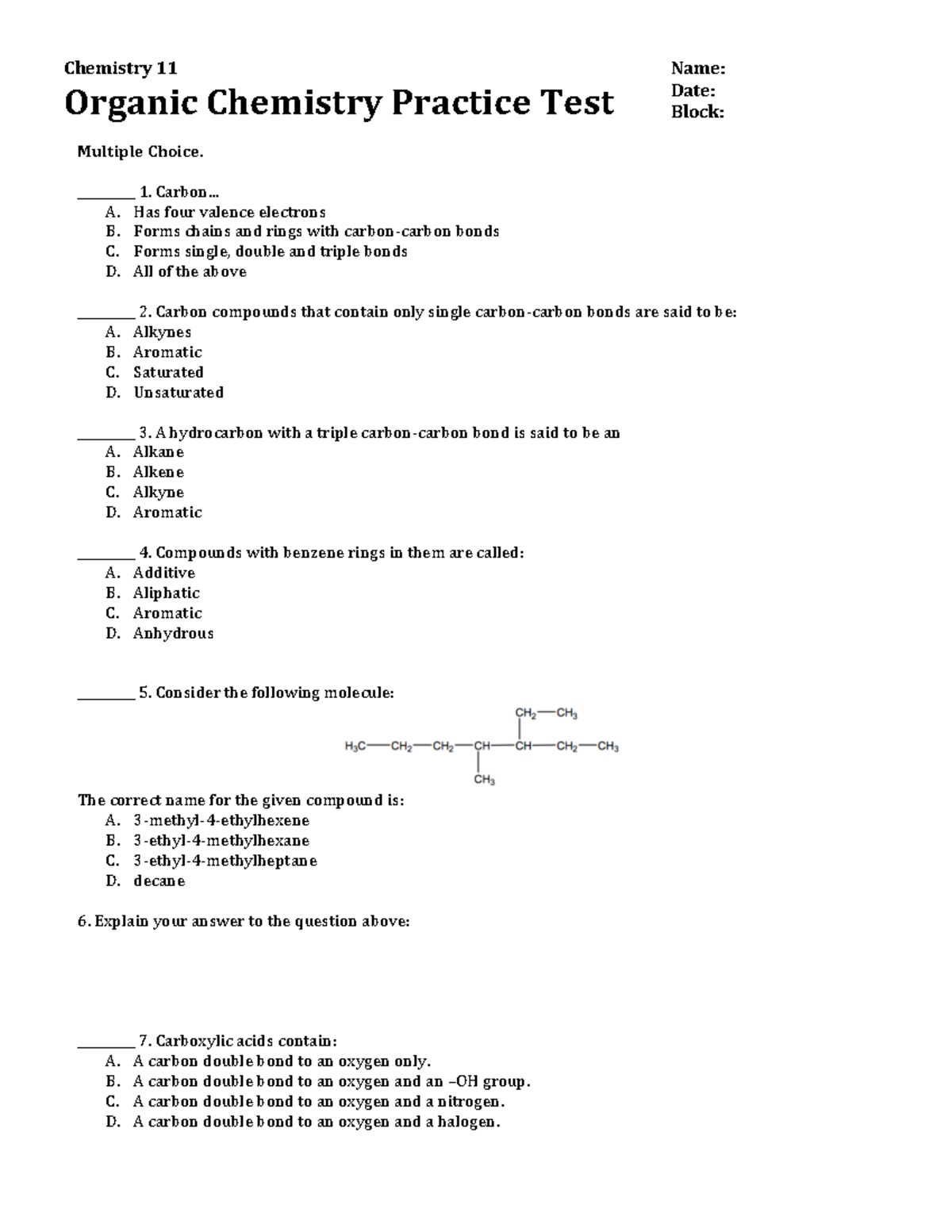 Org practice test - Chemistry 11 Organic Chemistry Practice Test Name ...