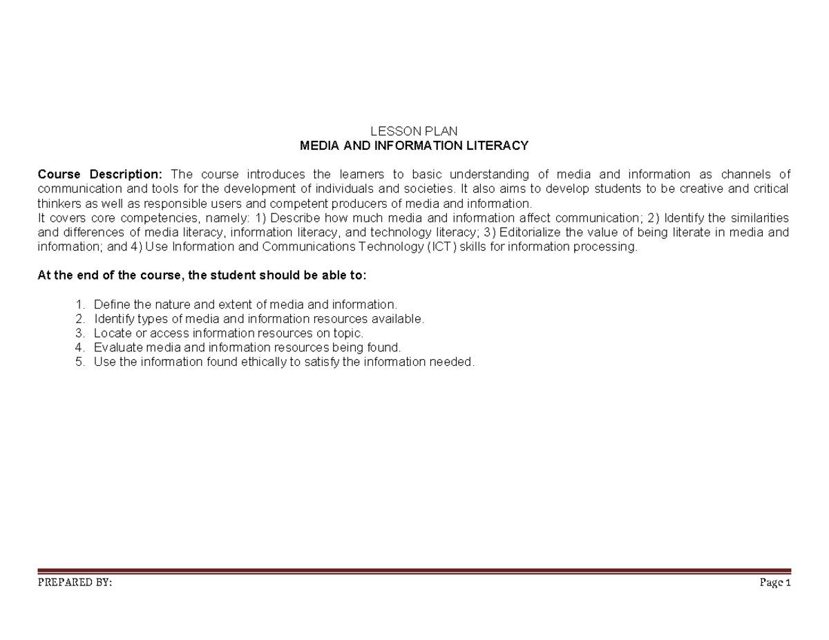Lesson-Plan-MIL-COR11 - LESSON PLAN MEDIA AND INFORMATION LITERACY ...