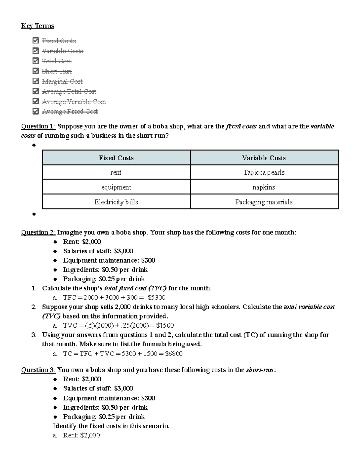 AP Micro-3.2 Worksheet Activity - Key Terms Fixed Costs Variable Costs ...