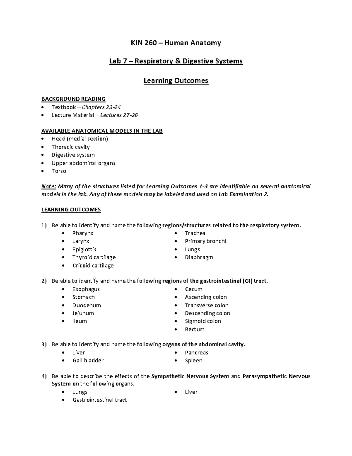 Lab 7 - Learning Outcomes - KIN 260 – Human Anatomy Lab 7 – Respiratory ...