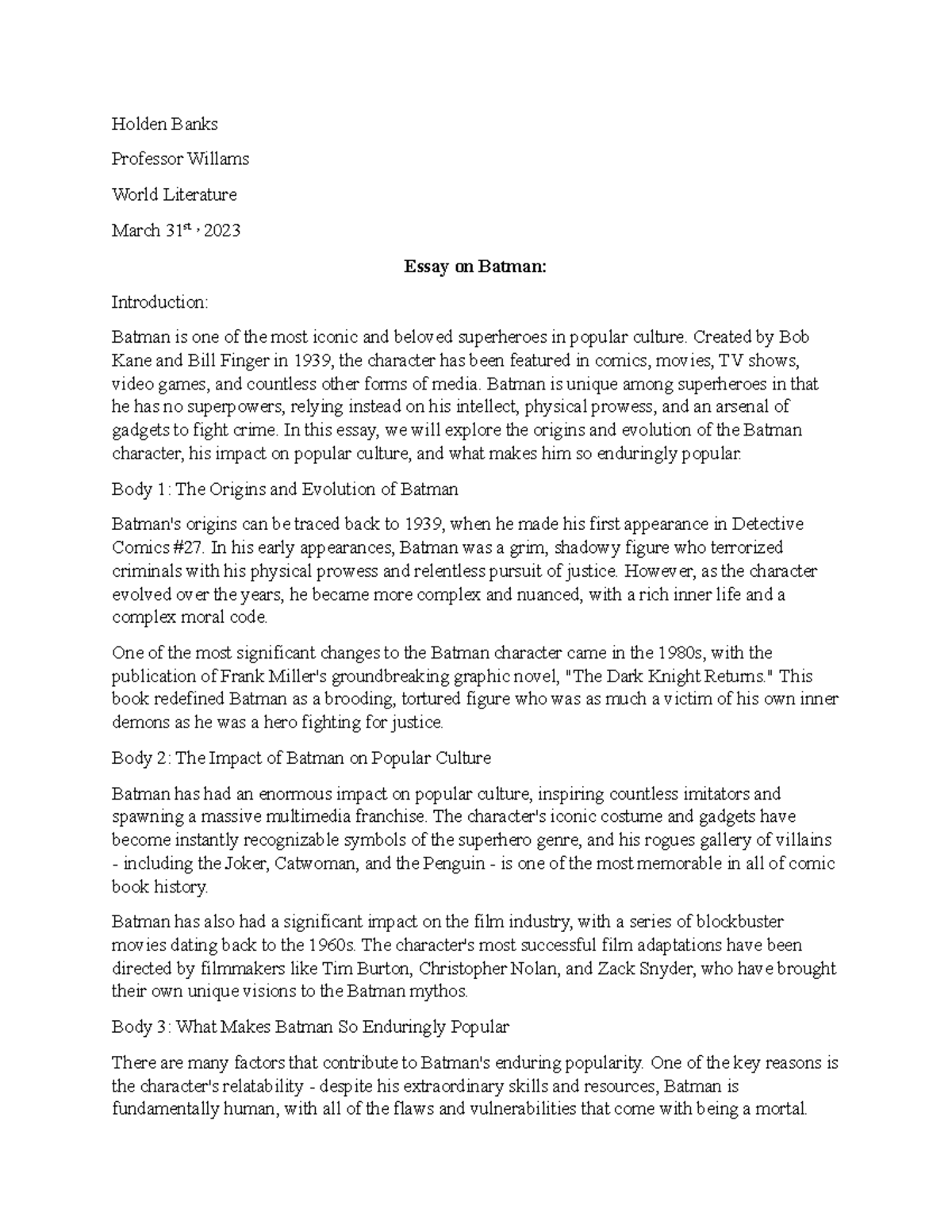 Essay on Batman - Holden Banks Professor Willams World Literature March ...