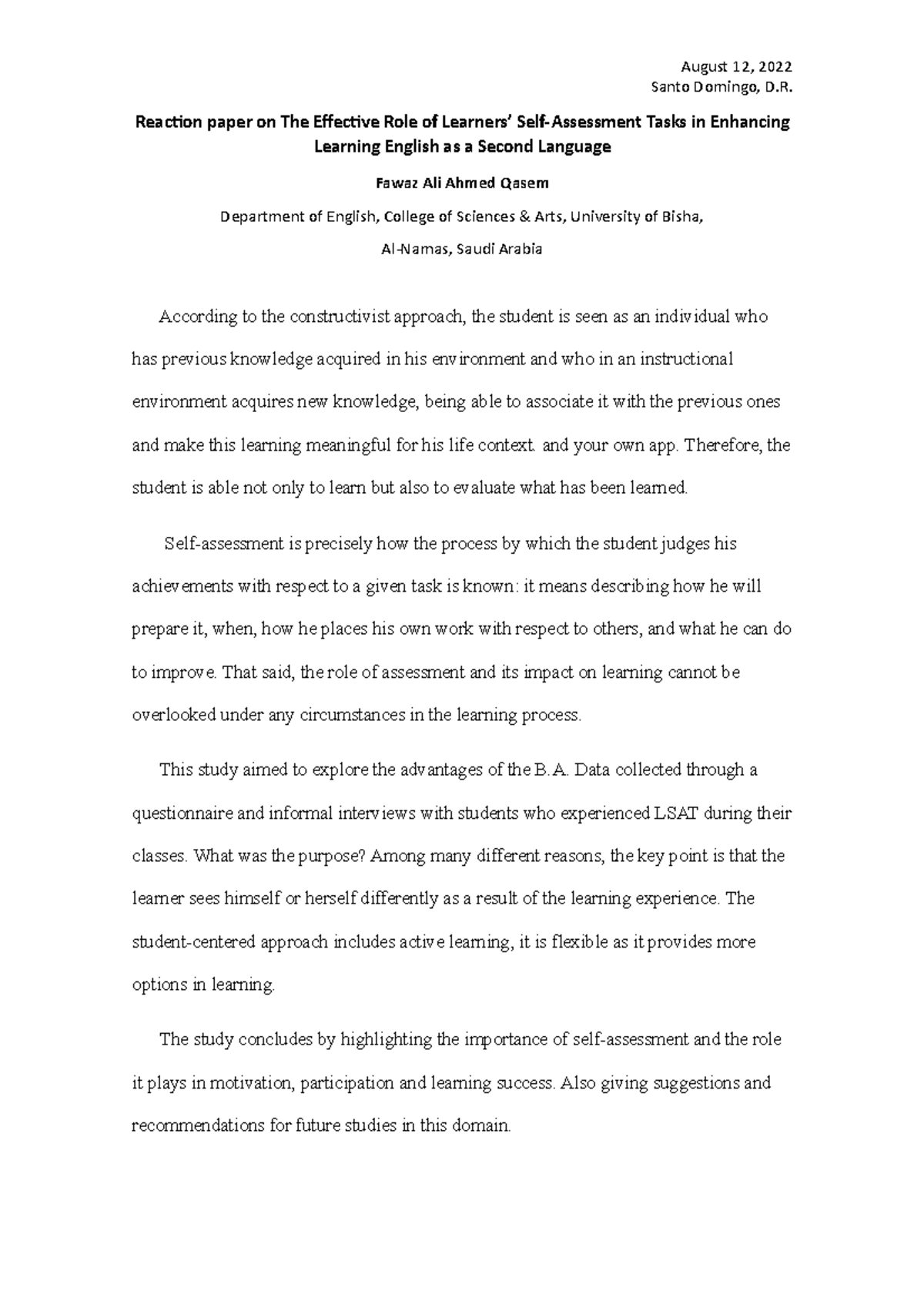 Reaction paper #2 on The Effective Role of Learners - August 12, 2022 ...
