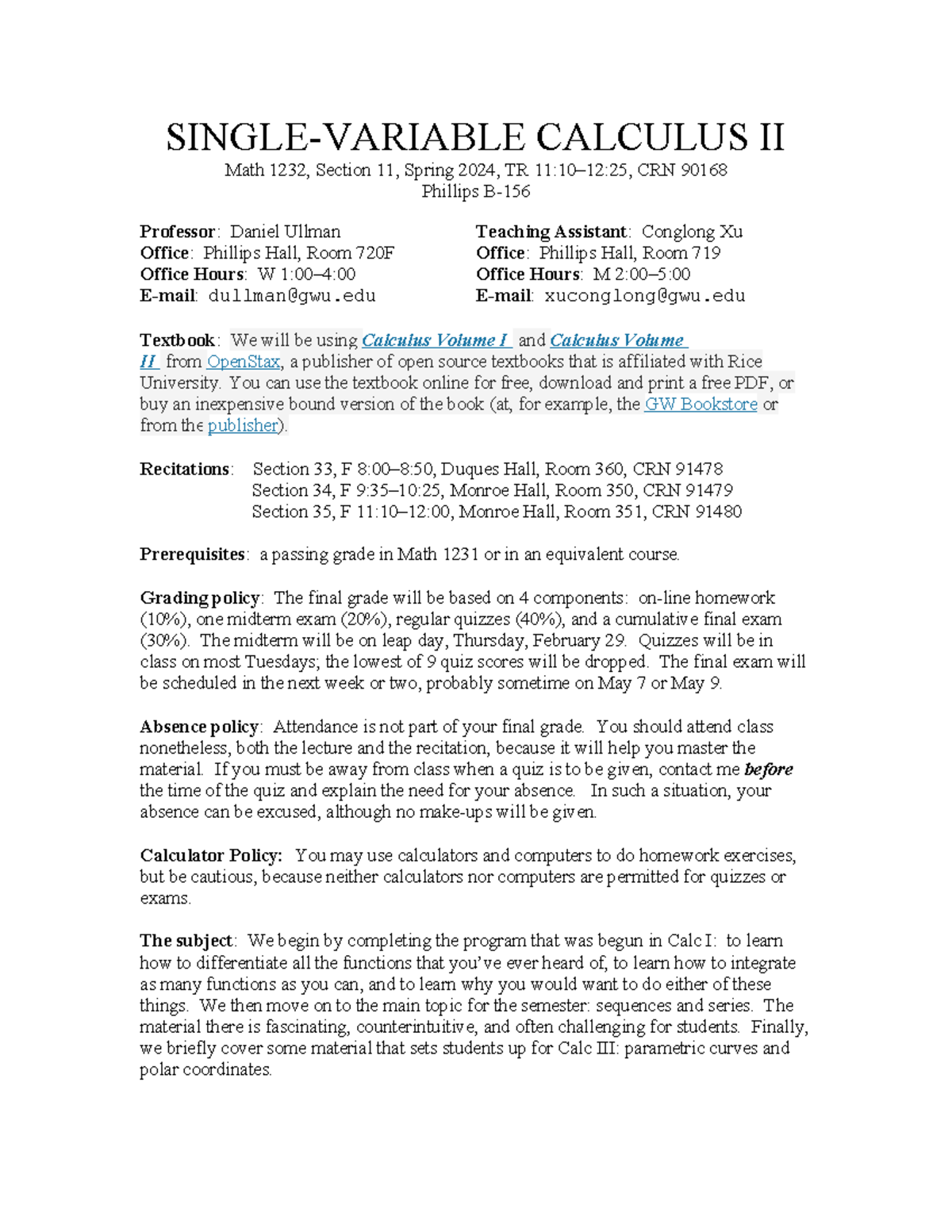 Syllabus Math 1232 Spring 2024 - SINGLE-VARIABLE CALCULUS II Math 1232, Section 11, Spring 2024 ...