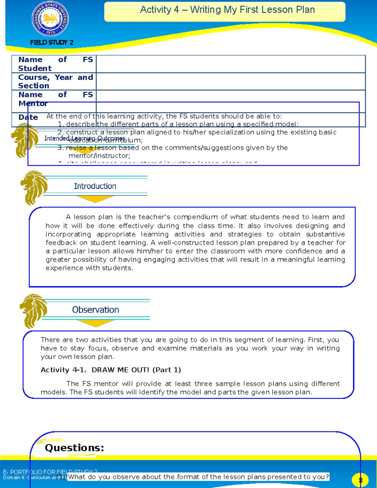 FS 2 Activity 4 - None - E- PORTFOLIO FOR FIELD STUDY 2 Domain 4 ...