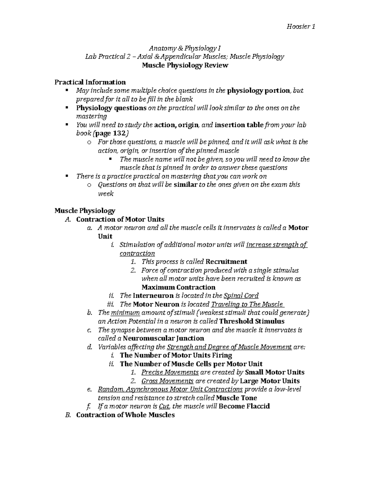 Lab Practical 2 Muscle Physiology - Anatomy & Physiology I Lab ...