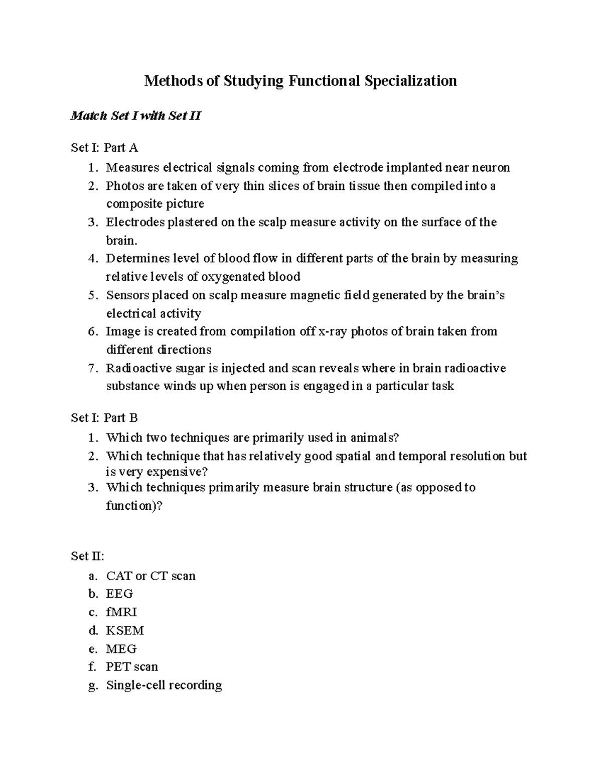 Cog Sci 4Brain Worksheets - Methods of Studying Functional Specialization Match Set I with Set ...