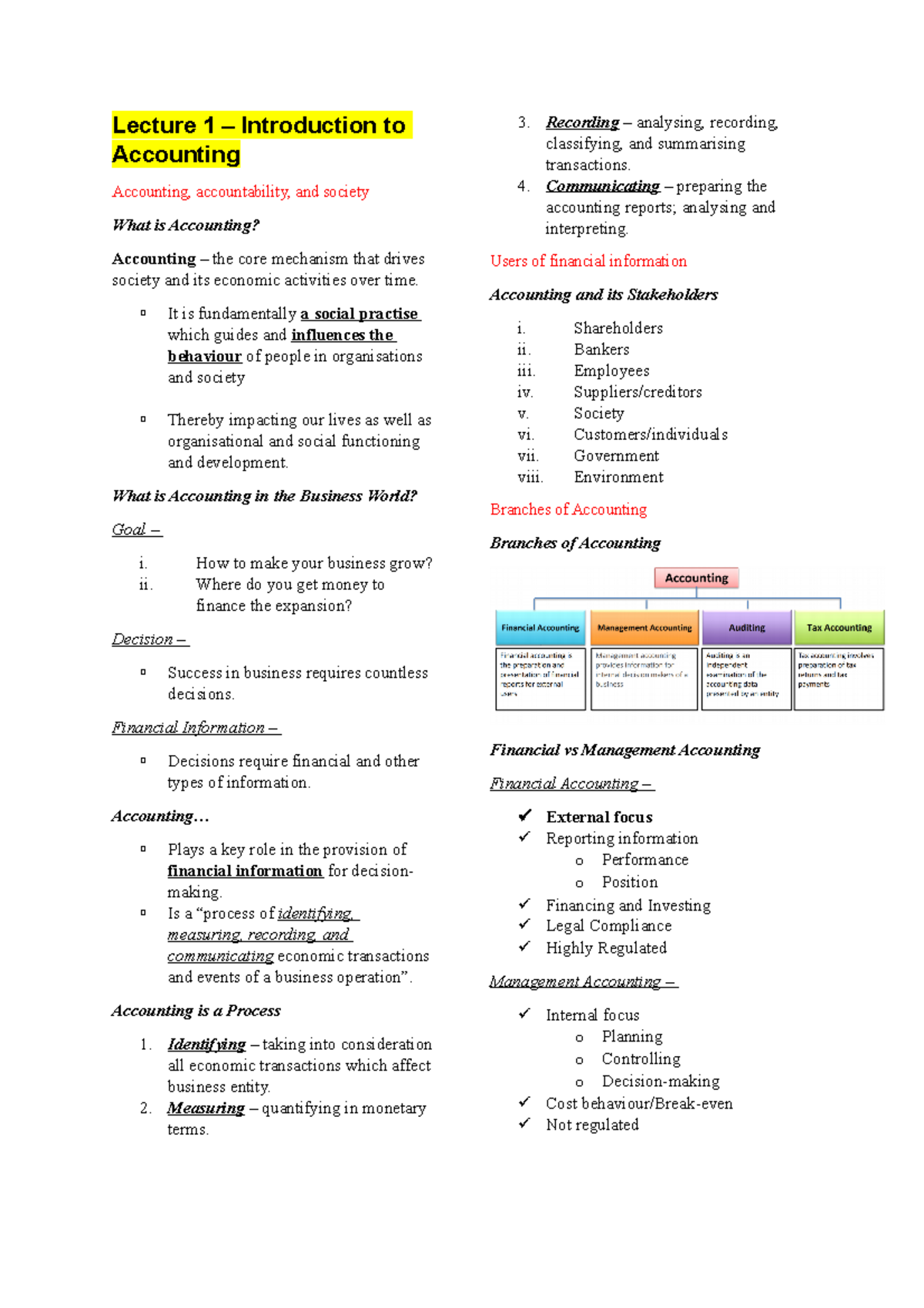 ACCG1000 Lecture Notes - Lecture 1 – Introduction to Accounting ...
