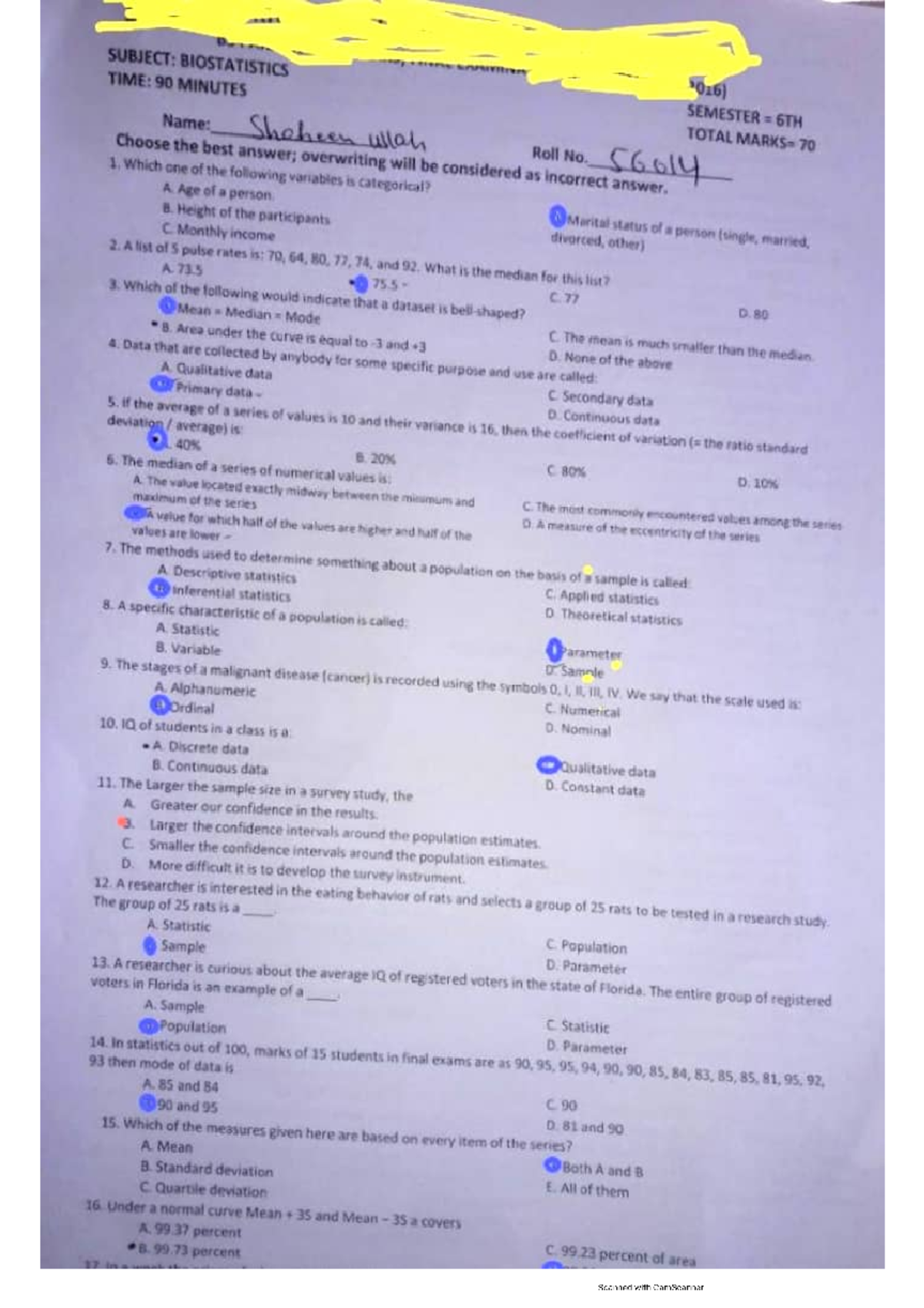 Biostatistics 2016 - Mental health nursing - KMU - Studocu