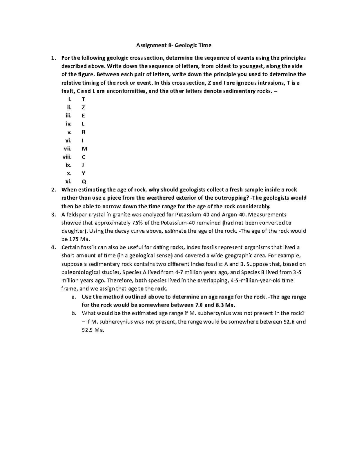 Geologic Time - Assignment 8- Geologic Time For the following geologic ...
