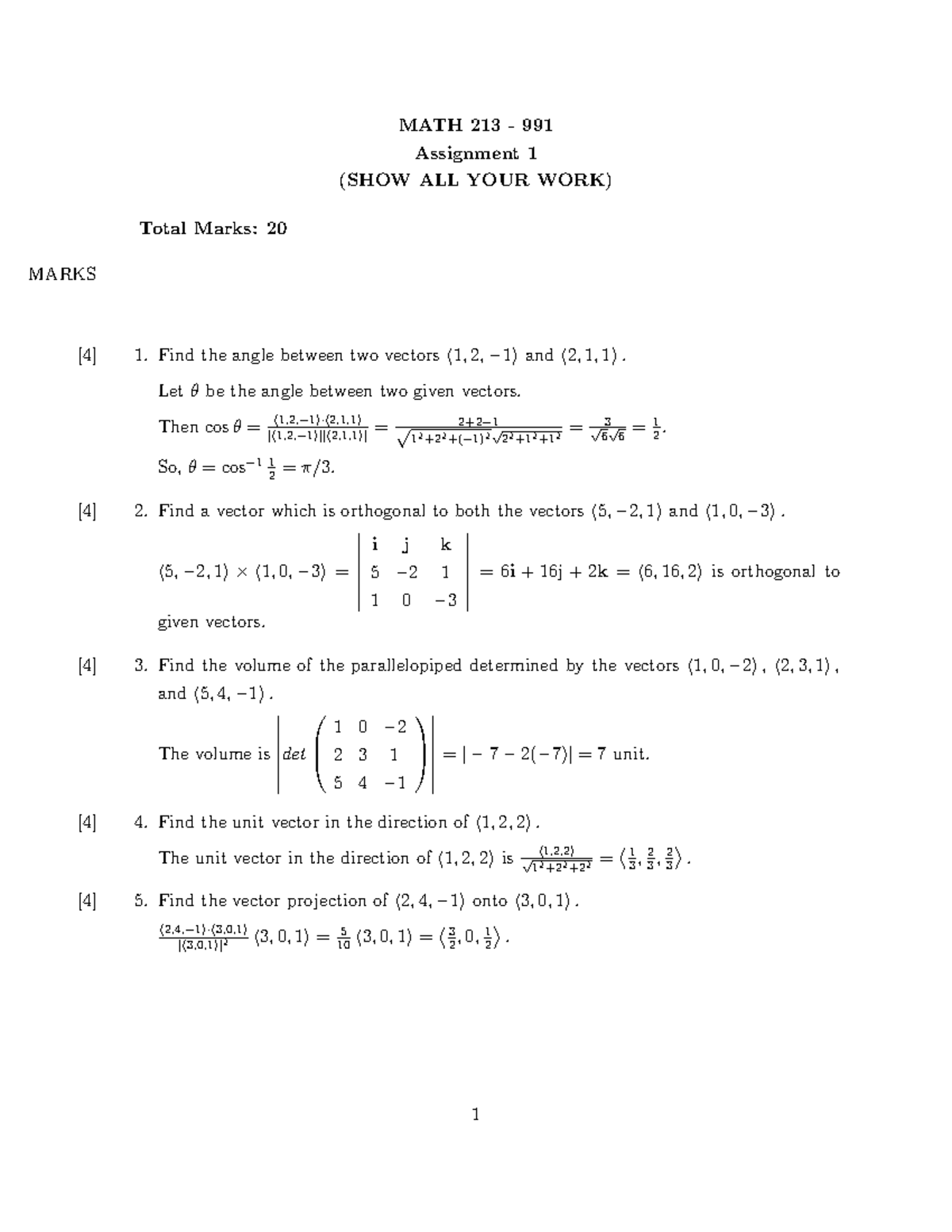 Assignment 1 - MATH 213 - 991 Assignment 1 (SHOW ALL YOUR WORK) Total ...