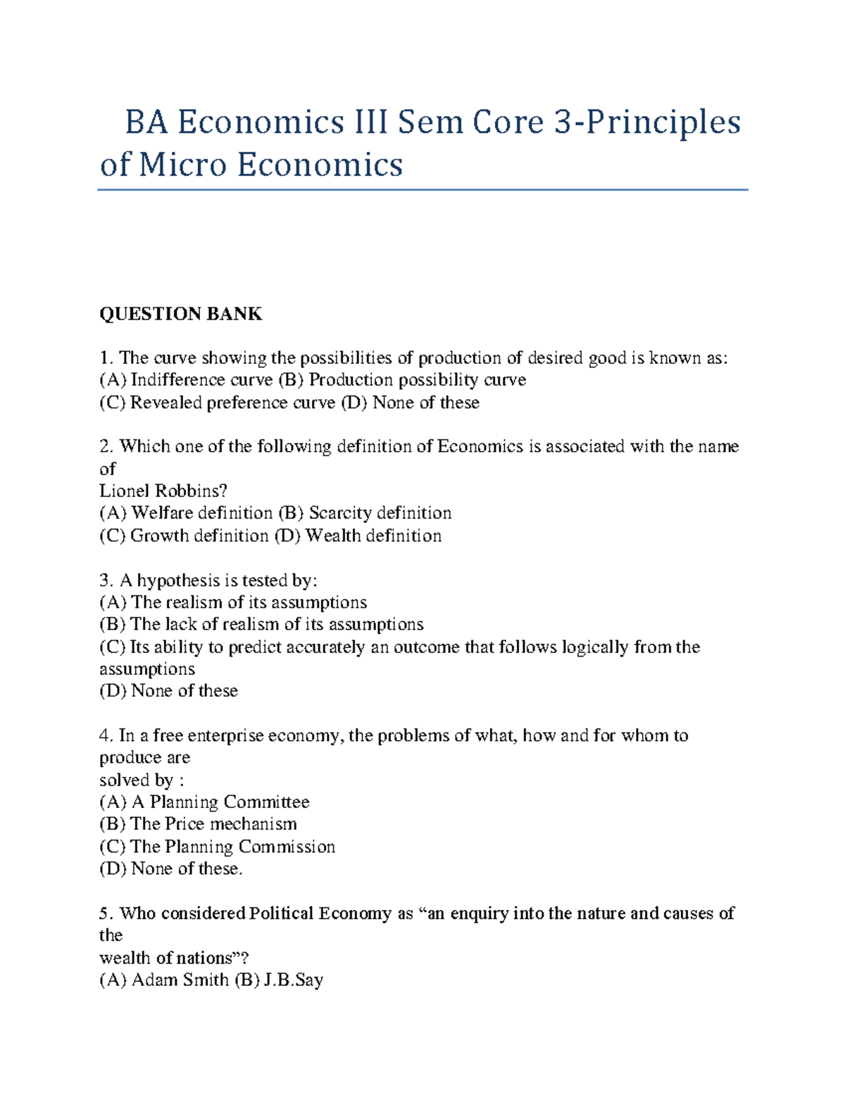 MCQ Principles OF Micro Economics - BA Economics III Sem Core 3-Principles of Micro Economics ...