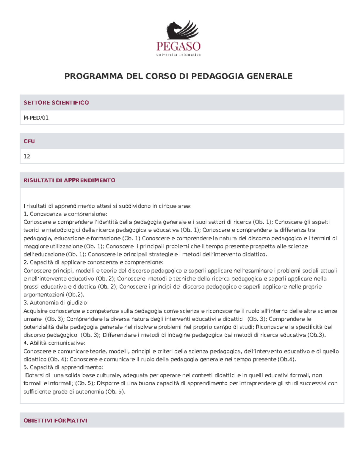 Programma-0901612 MPED01 - PROGRAMMA DEL CORSO DI PEDAGOGIA GENERALE ...