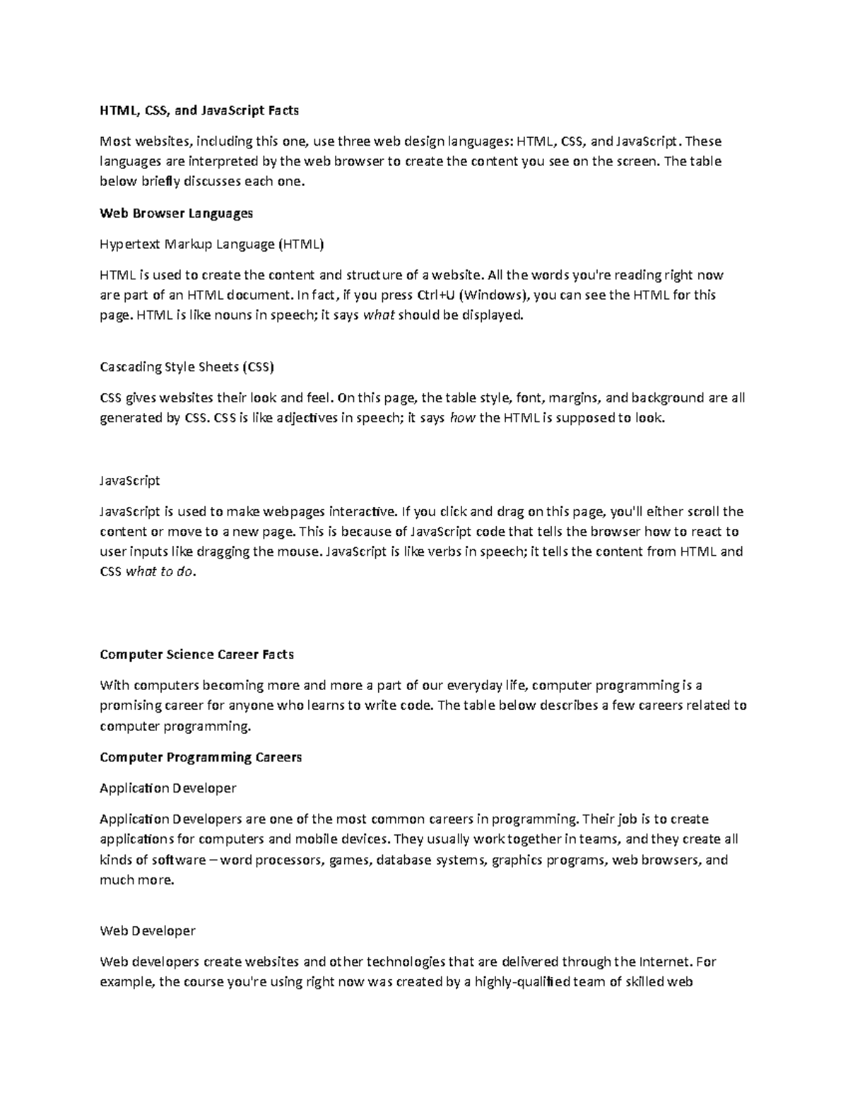 Lecture Notes 5 - HTML, CSS, and JavaScript Facts Most websites ...