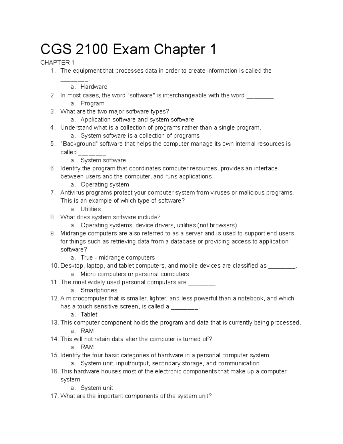 CGS 2100 Exam Chapter 1 - Professor Adria Peaden - CGS 2100 Exam Chapter 1 CHAPTER 1 The ...