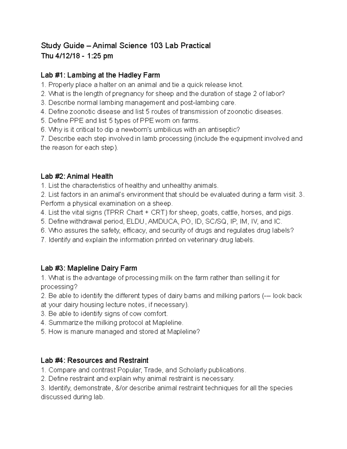 Lab Practical Study Guide - Study Guide – Animal Science 103 Lab ...