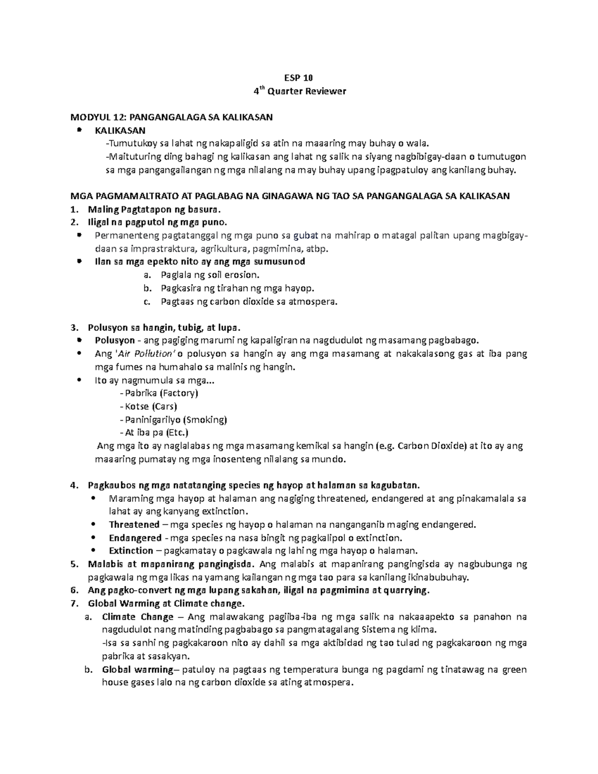 ESP 10 Reviewer Q4 - Aohebd - ESP 10 4 th Quarter Reviewer MODYUL 12: PANGANGALAGA SA KALIKASAN ...