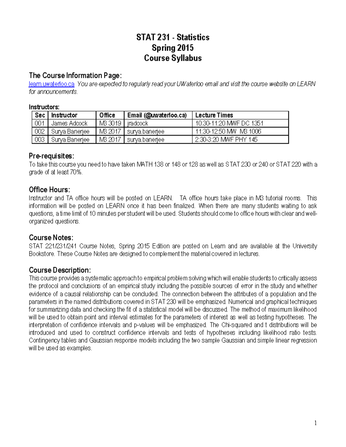 STAT 231 Course Syllabus Fall 2015 University of Waterloo - Stat 231 ...