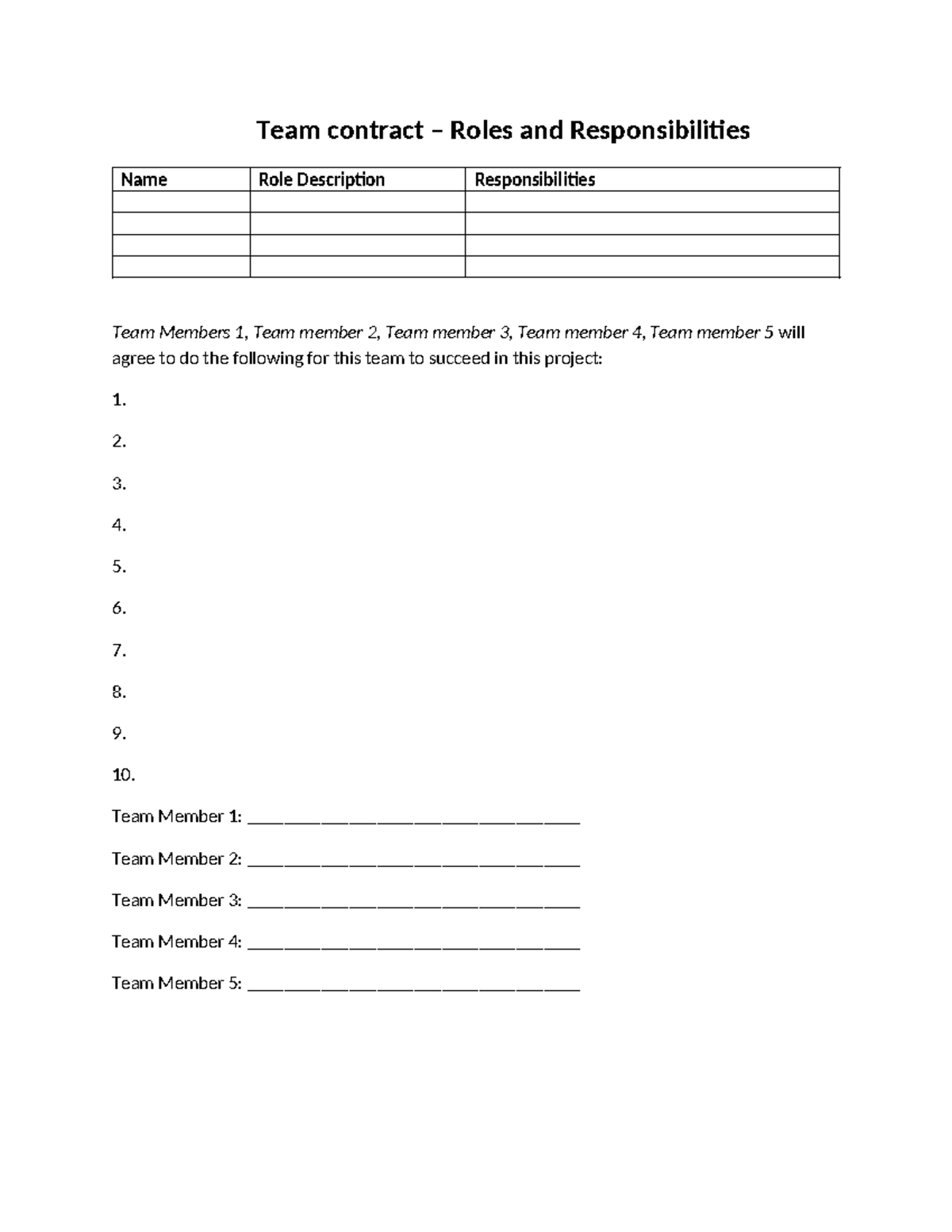 Team Contract - 2. 3. 4. 5. 6. 7. 8. 9. 10. Team Member 1 ...
