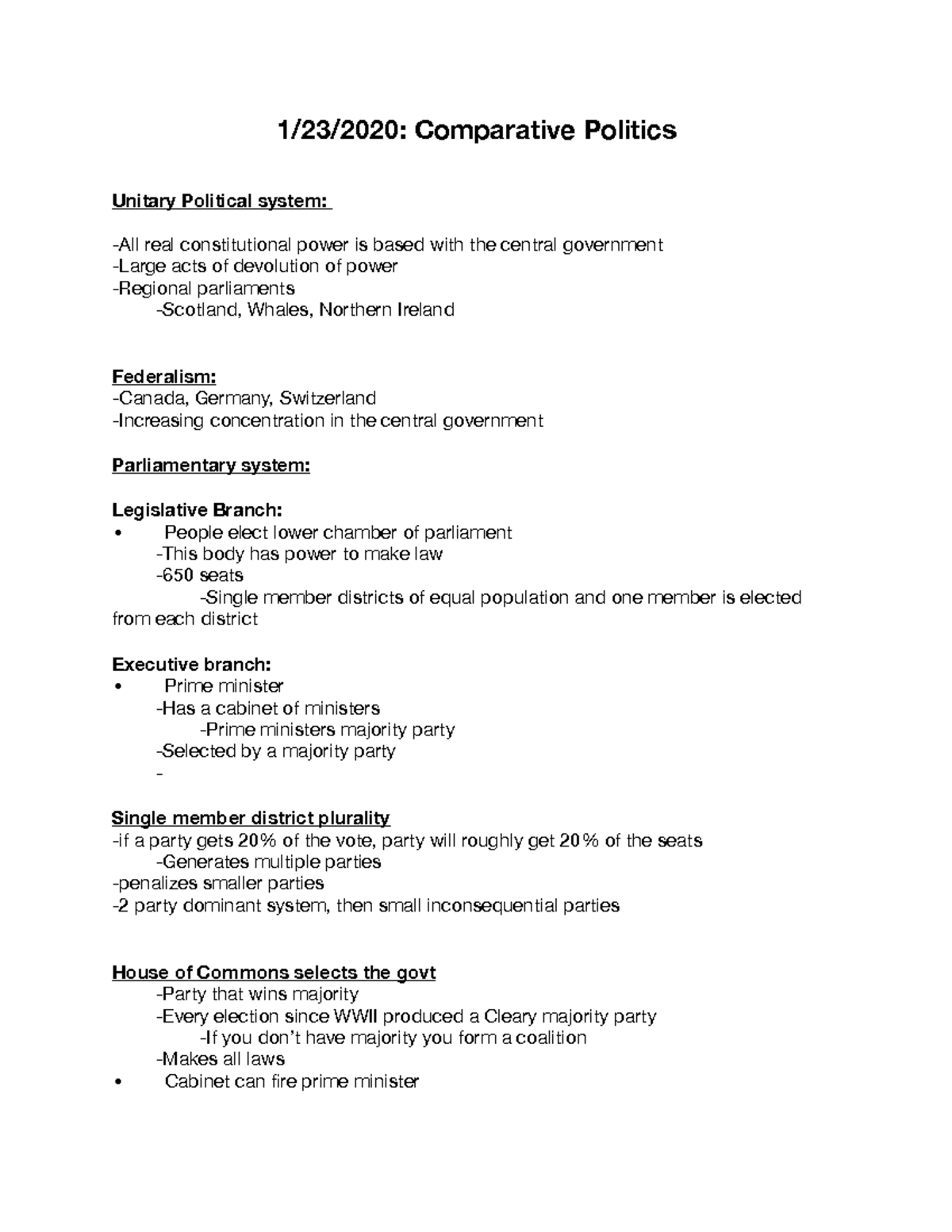 Comparative Politics lecture 3 - 1/23/2020: Comparative Politics ...