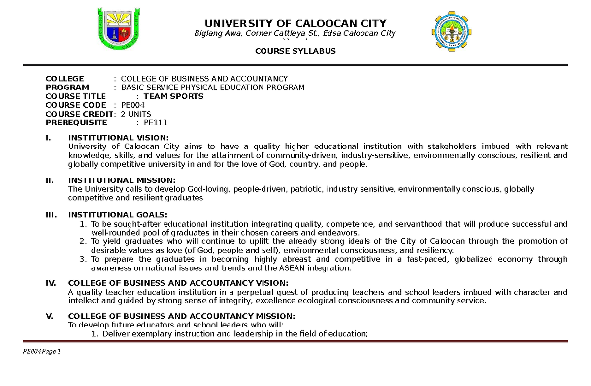 CBA PE 004 Course Syllabus 1 - UNIVERSITY OF CALOOCAN CITY Biglang Awa ...