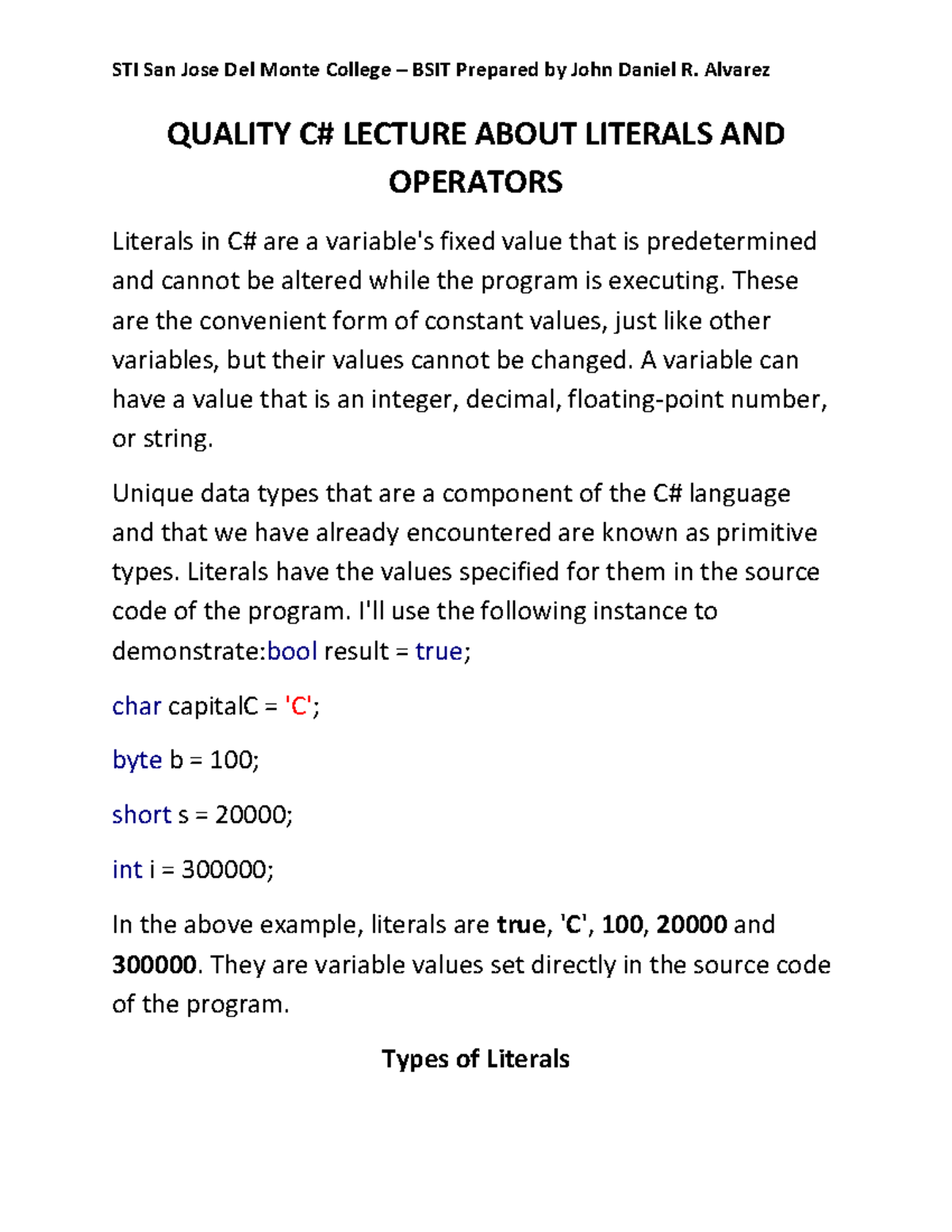 Quality C Sharp Lecture about Literals and Operators - QUALITY C# ...