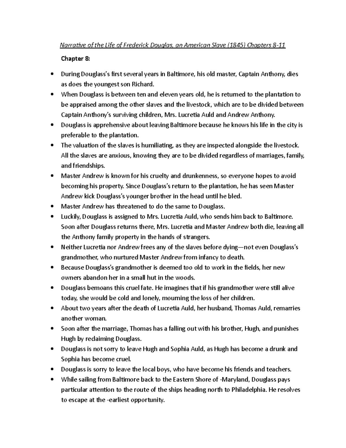 Narrative of Frederick Douglass Notes Assignment - Narrative of the ...