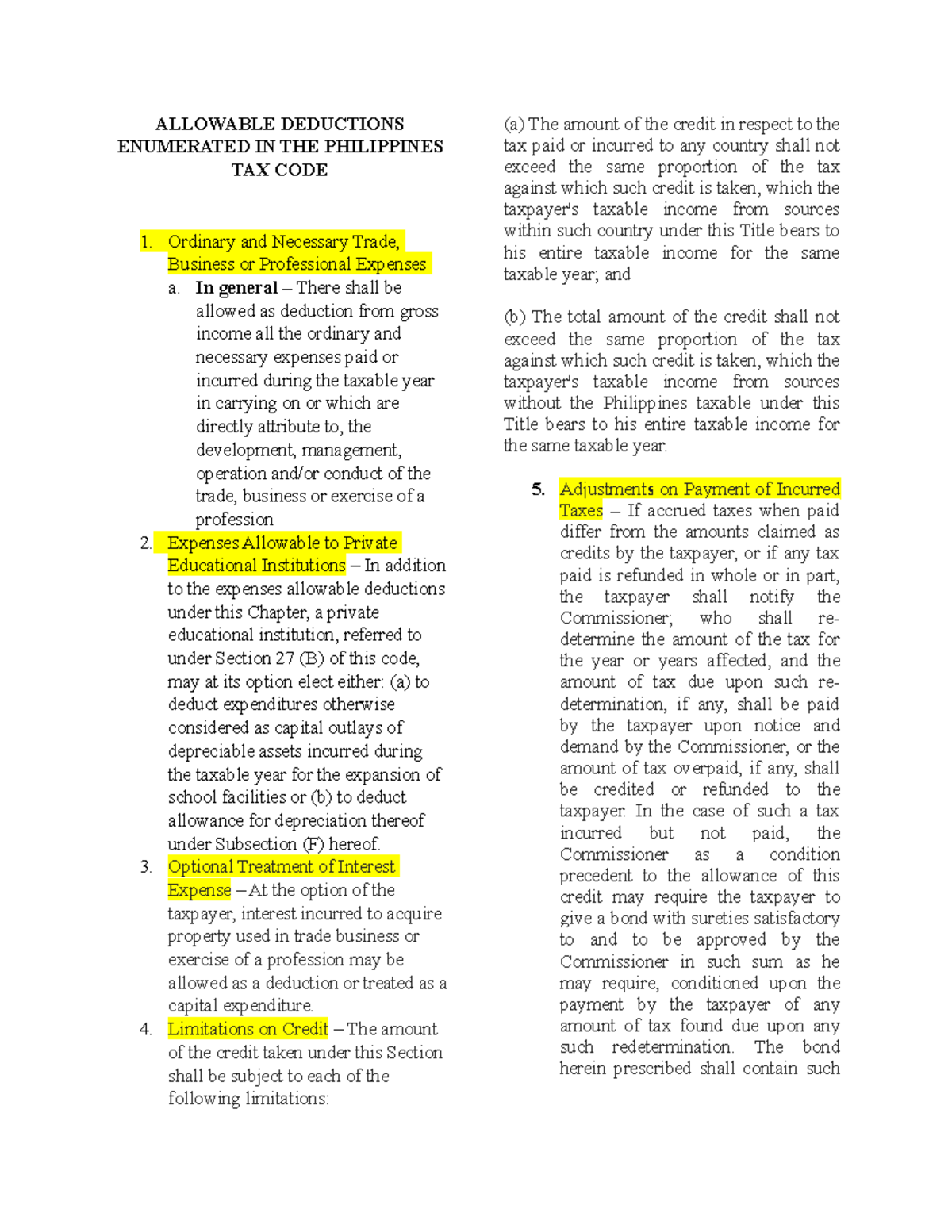 Allowable Deductions Enumerated IN THE Philippines TAX CODE - ALLOWABLE ...