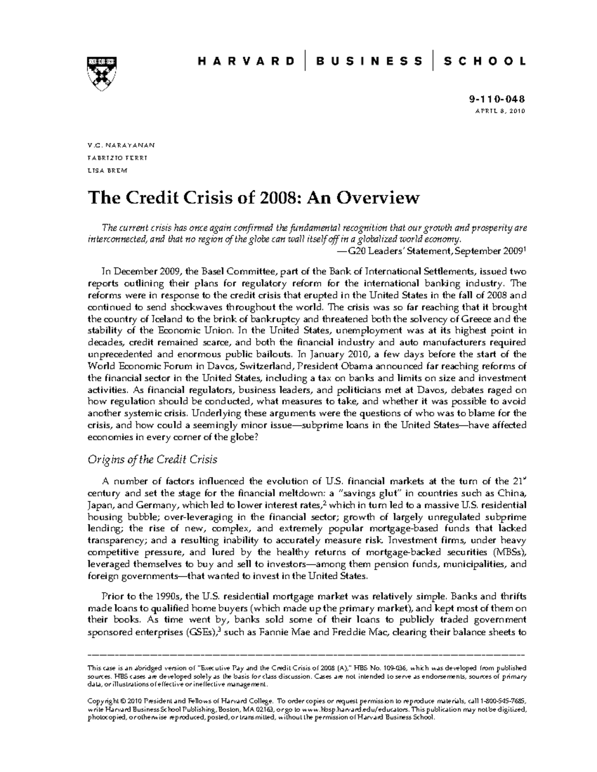 HBS The Credit Crisis of 2008-An Overview for Assignment 1 - This cas ...