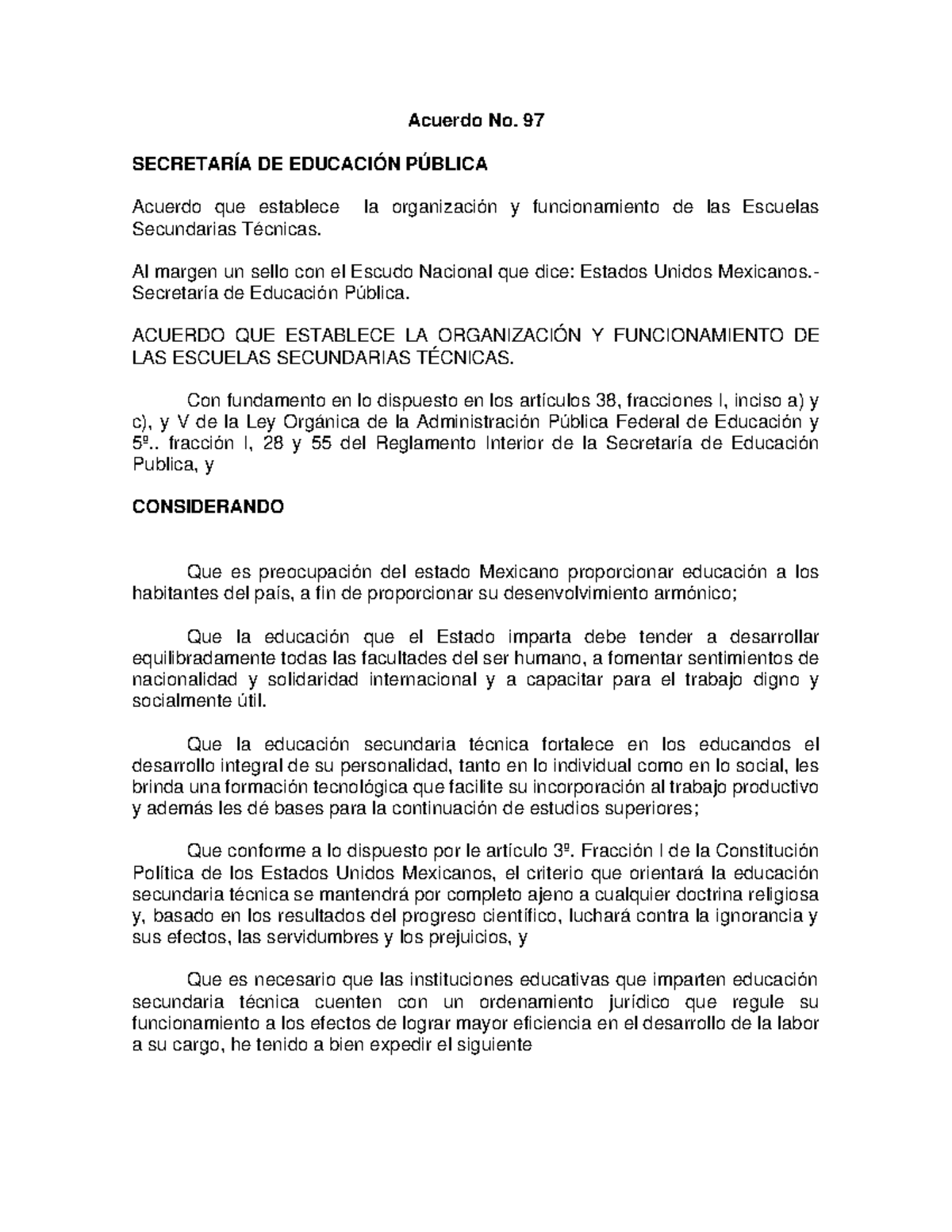 Acuerdo 97 - Acuerdo No. 97 SECRETARÍA DE EDUCACIÓN PÚBLICA Acuerdo que ...