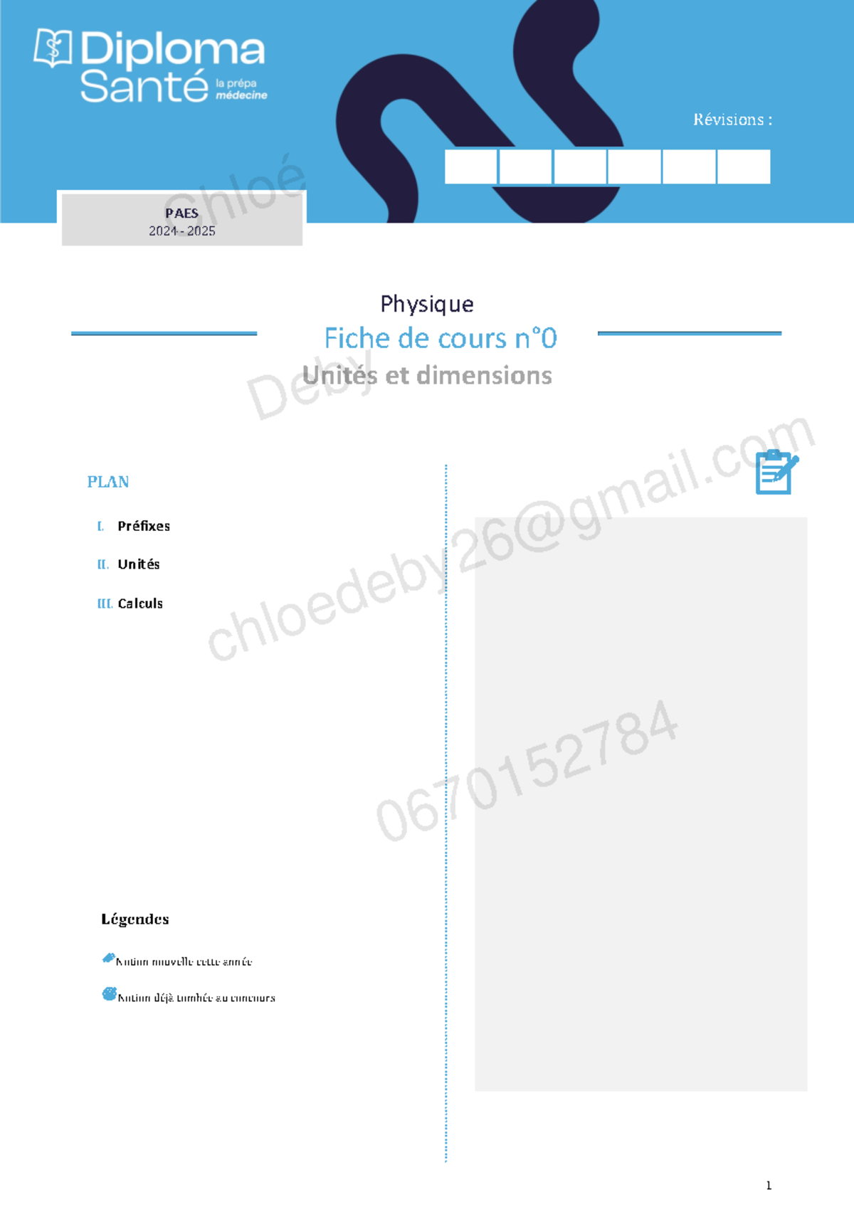 Unités et dimensions - Révisions : 1 Révisions : Physique Fiche de ...
