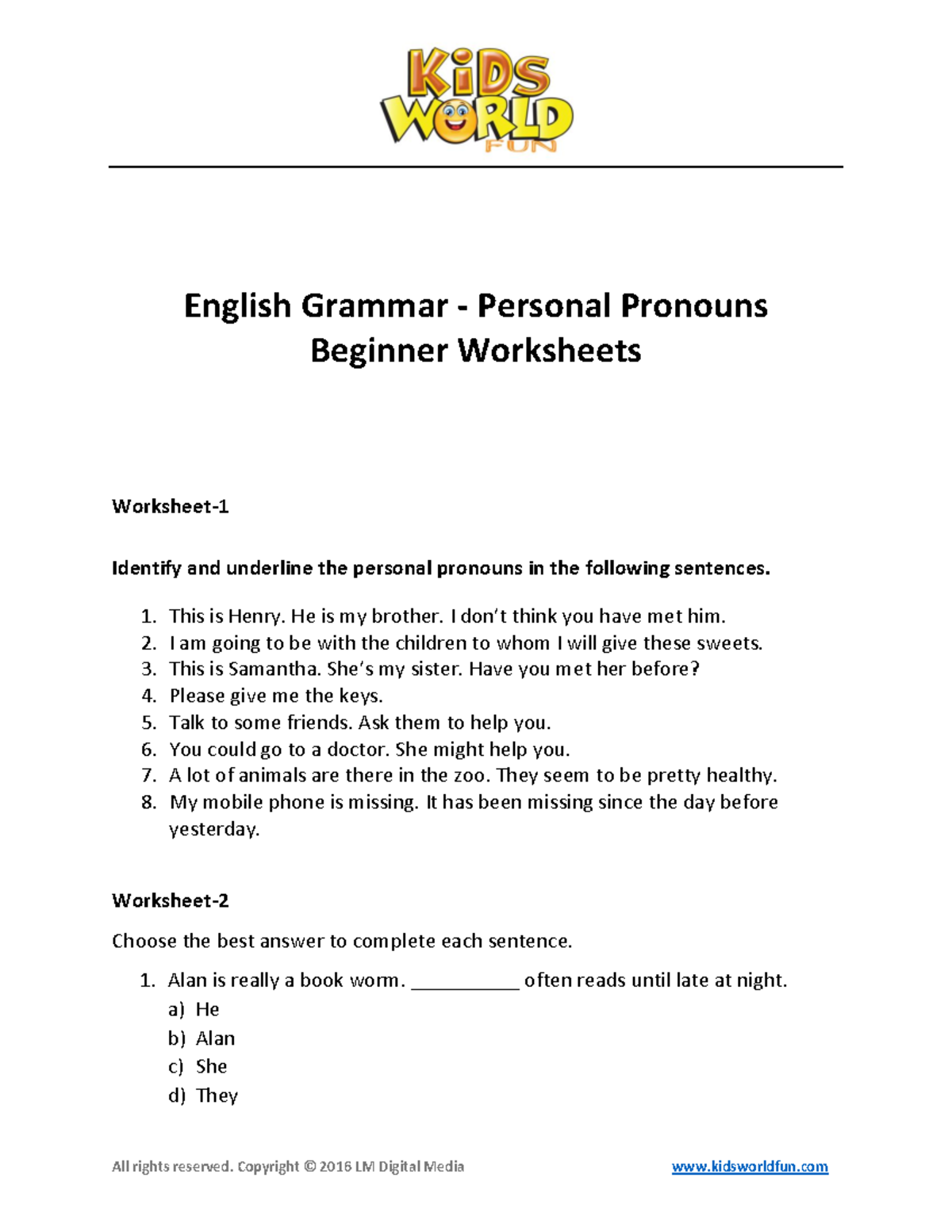 Personal-pronouns-beginner-worksheets - PP - 7th Grade - All rights ...