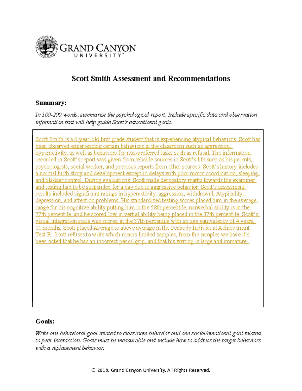GCU SPD-320 week 7 Assignment - Benchmark - Scott Smith Assessment and ...