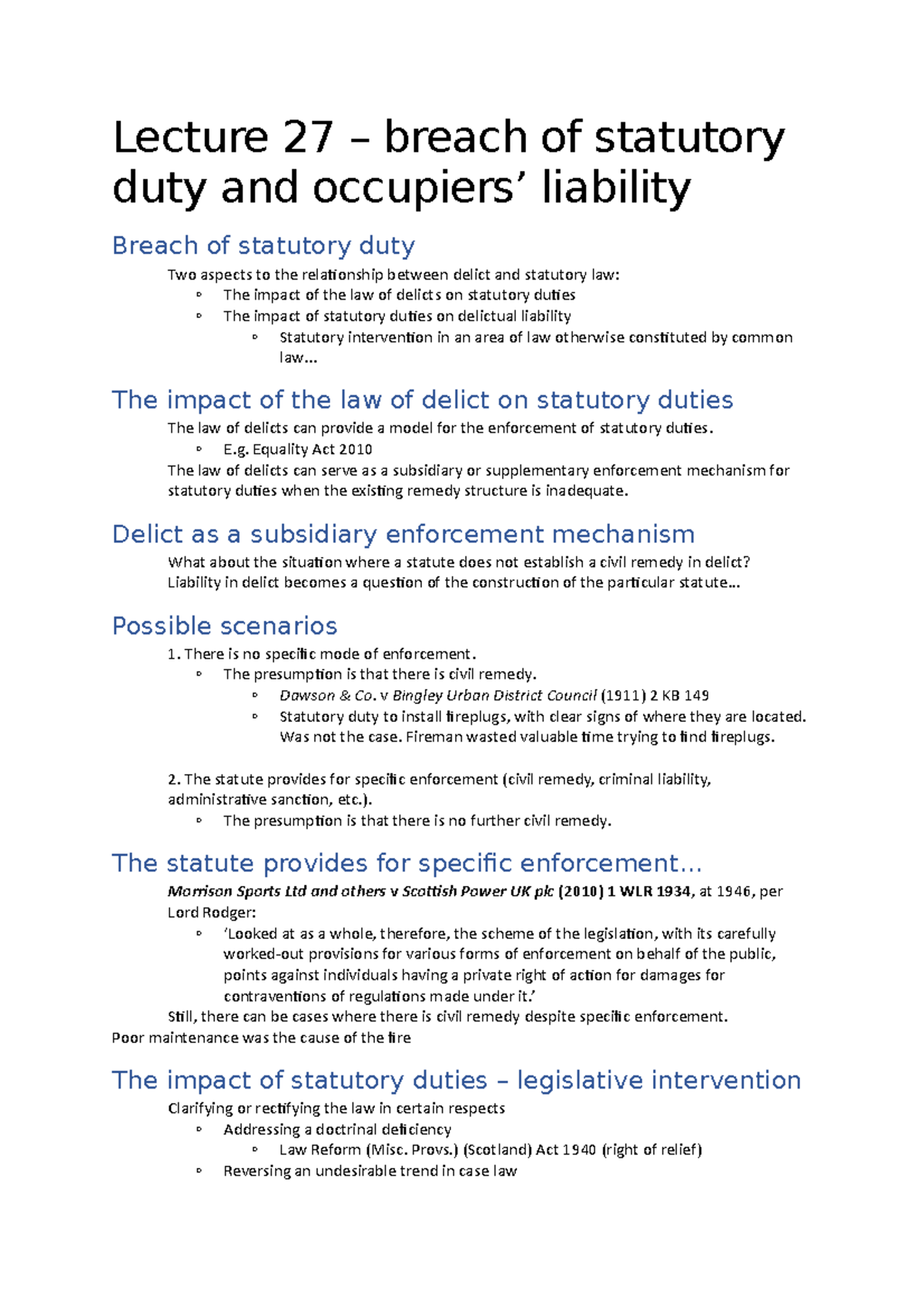 Breach of Statutory Duty and Liability in Delict - Studocu