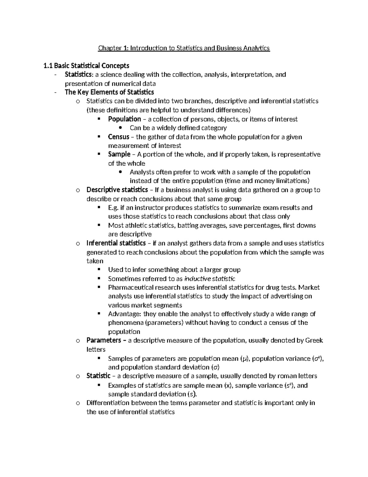 Stats Chapter 1 - Chapter 1: Introduction to Statistics and Business Analytics 1 Basic ...