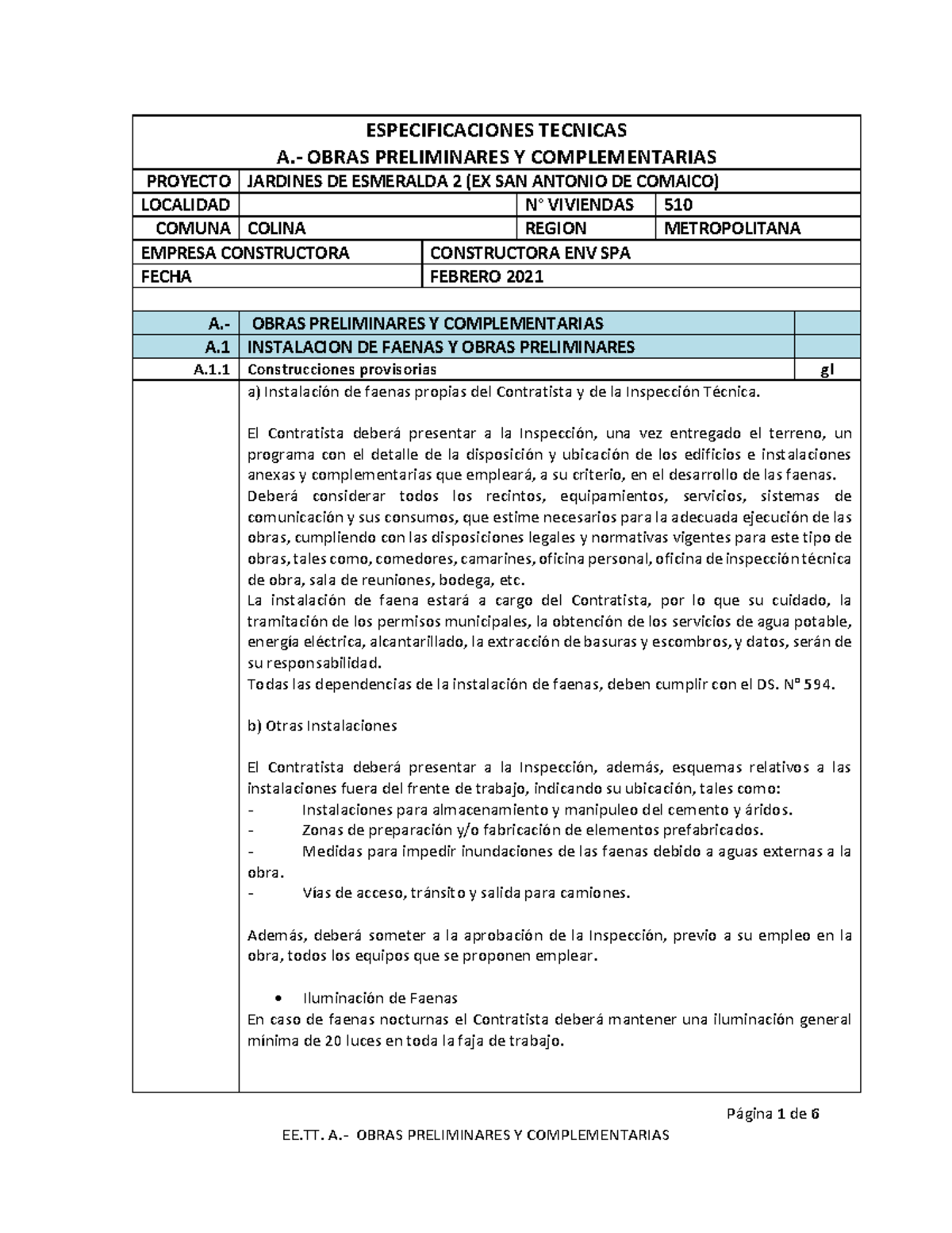 J II EETT A Obras Preliminares Y Complementarias - Página 1 de 6 ESPECIFICACIONES TECNICAS A ...