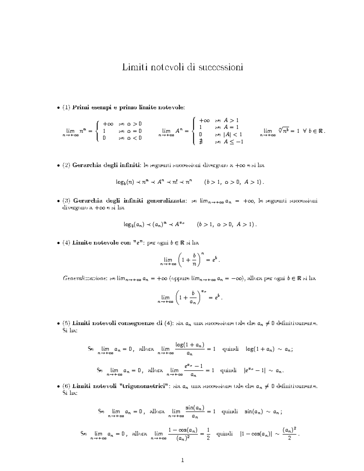Tabella limiti notevoli successioni - Limiti notevoli di successioni (1 ...