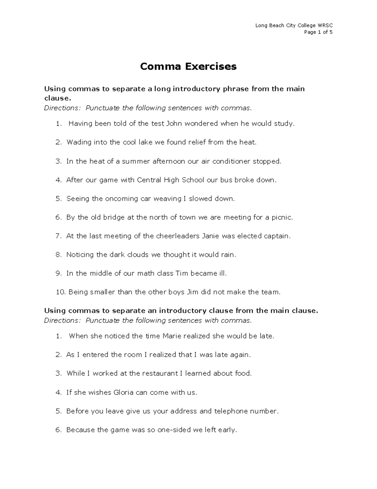 Ejercicios CON COMA IN English - Comma Exercises Using commas to ...