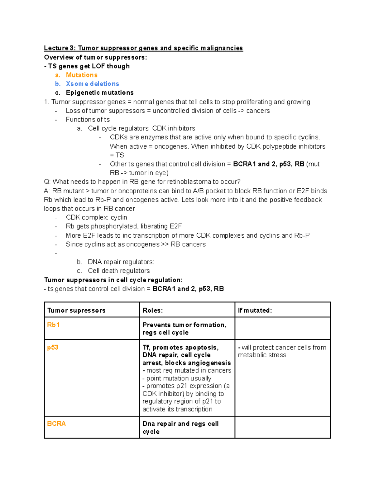 Cancer Lecture 3 - Lecture 3: Tumor suppressor genes and specific ...