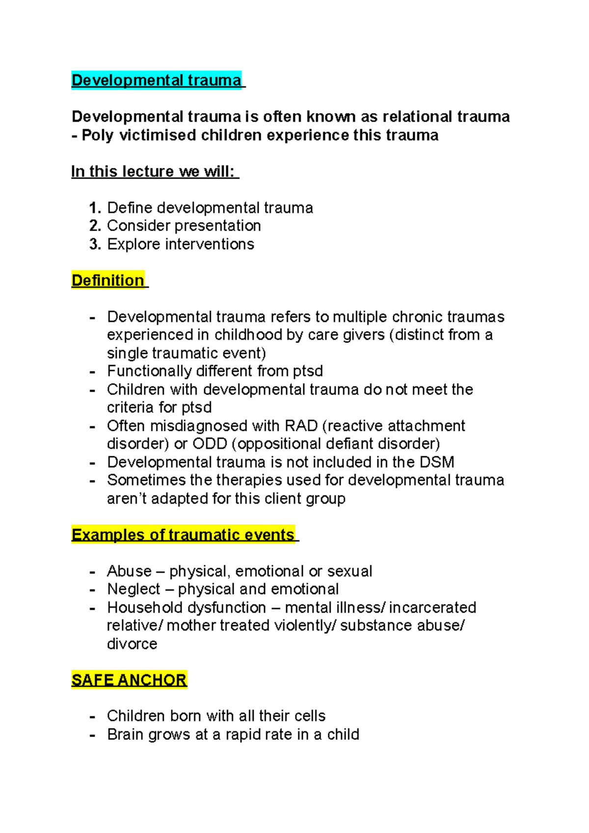 Week 1 developmental trauma - Developmental trauma **Developmental ...