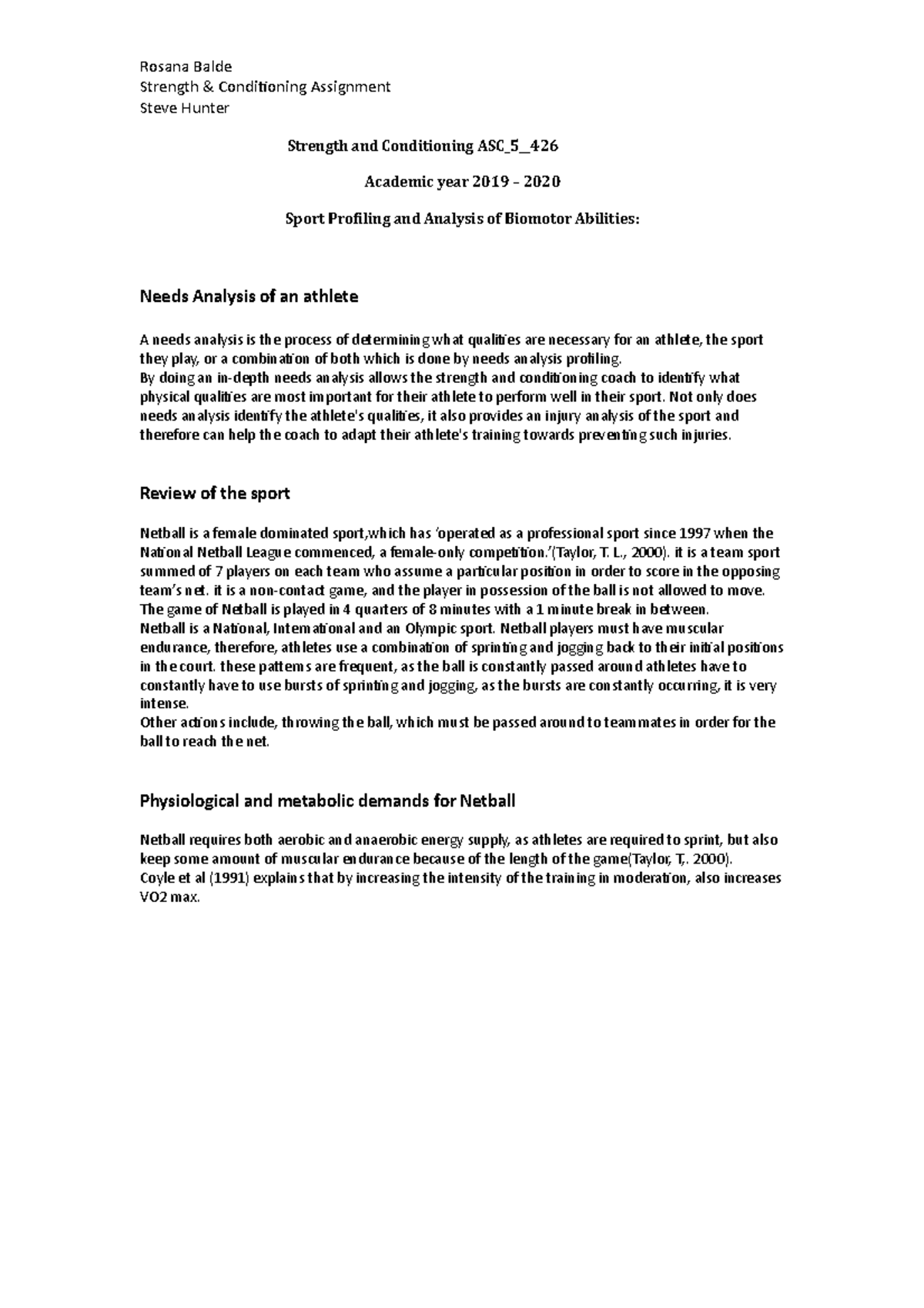 Strength & Conditioning assignment - Rosana Balde Strength ...