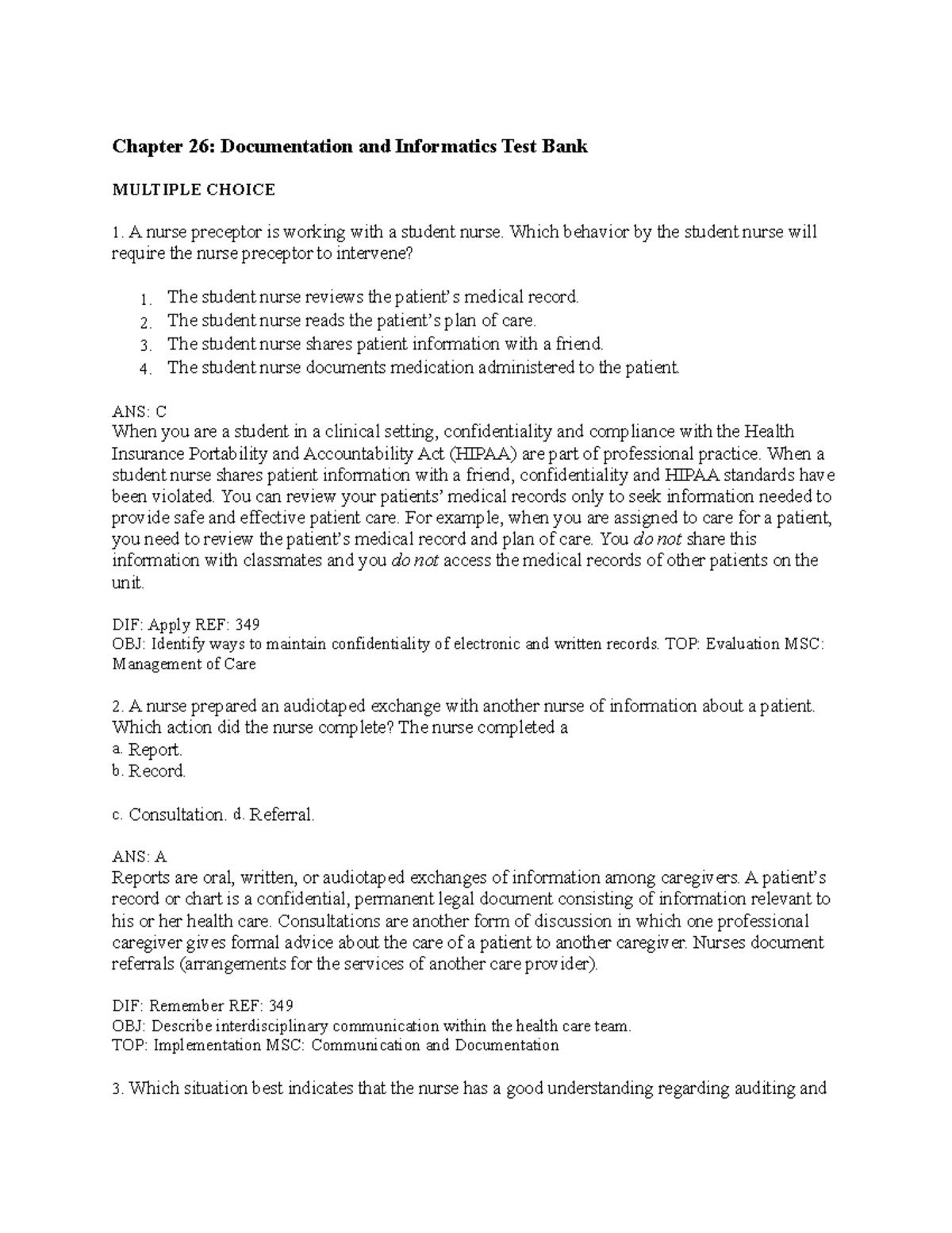 Documentation and Informatics Test Bank - Studocu