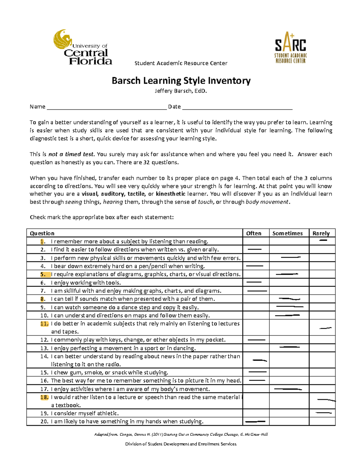 Barsch Learning Styles Inventory 11 - Adapted from: Congos, Dennis H ...