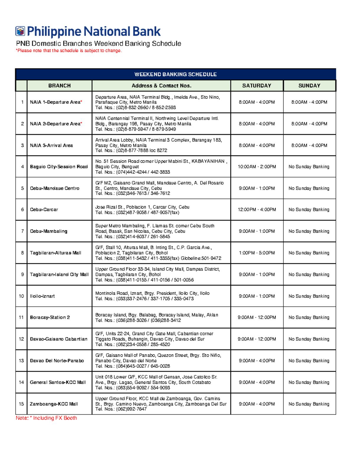 Weekend banking - WEEKEND BANKING SCHEDULE BRANCH Address & Contact Nos ...