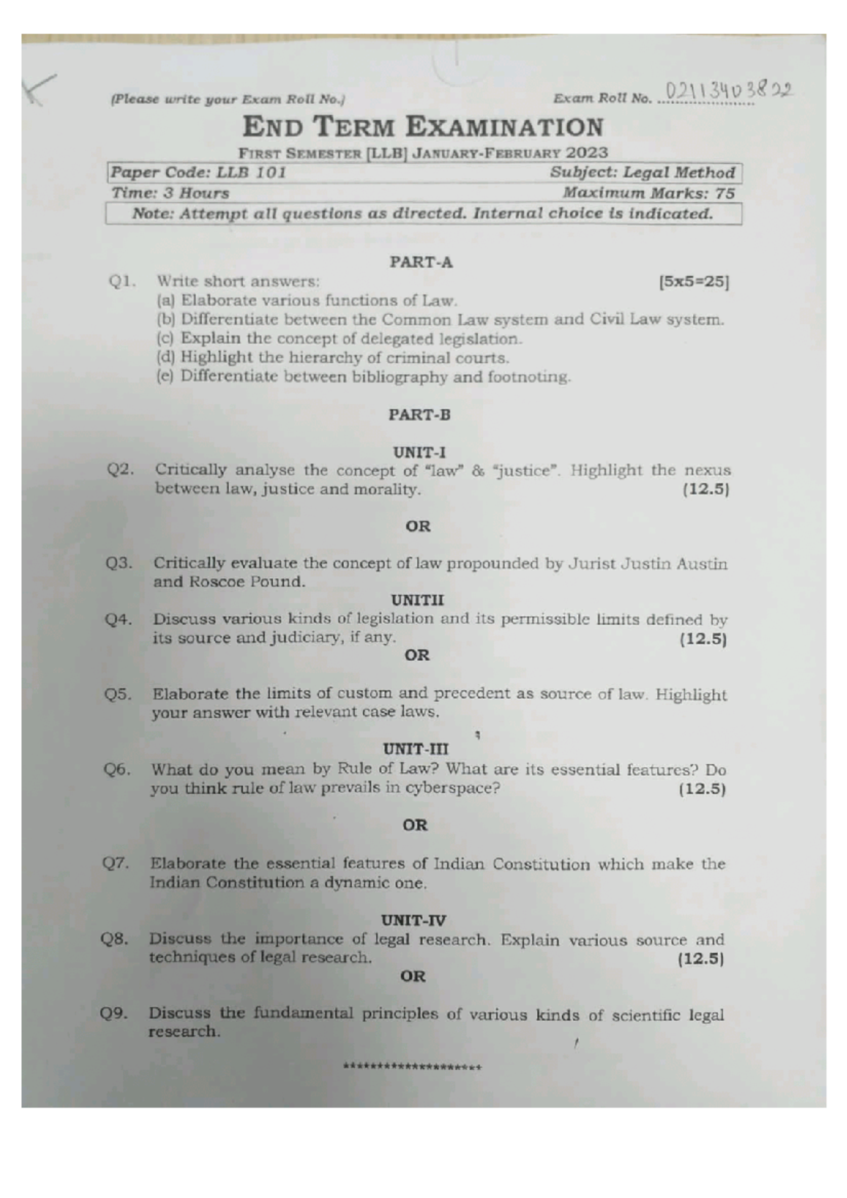 BA LLB Question Paper semester 1 2023 - (Please write your Exam Roll No.) Exam Roll No ...